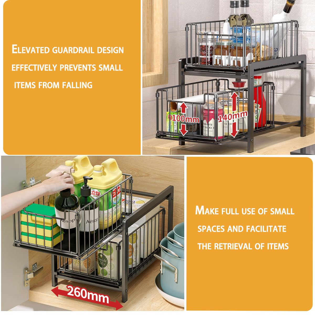 2-Tie Under Sink Cabinets Organizer with Sliding Storage Drawer, Pull Out Cabinets Organizer Shelf, Sliding Kitchen Countertop Storage Basket (black)