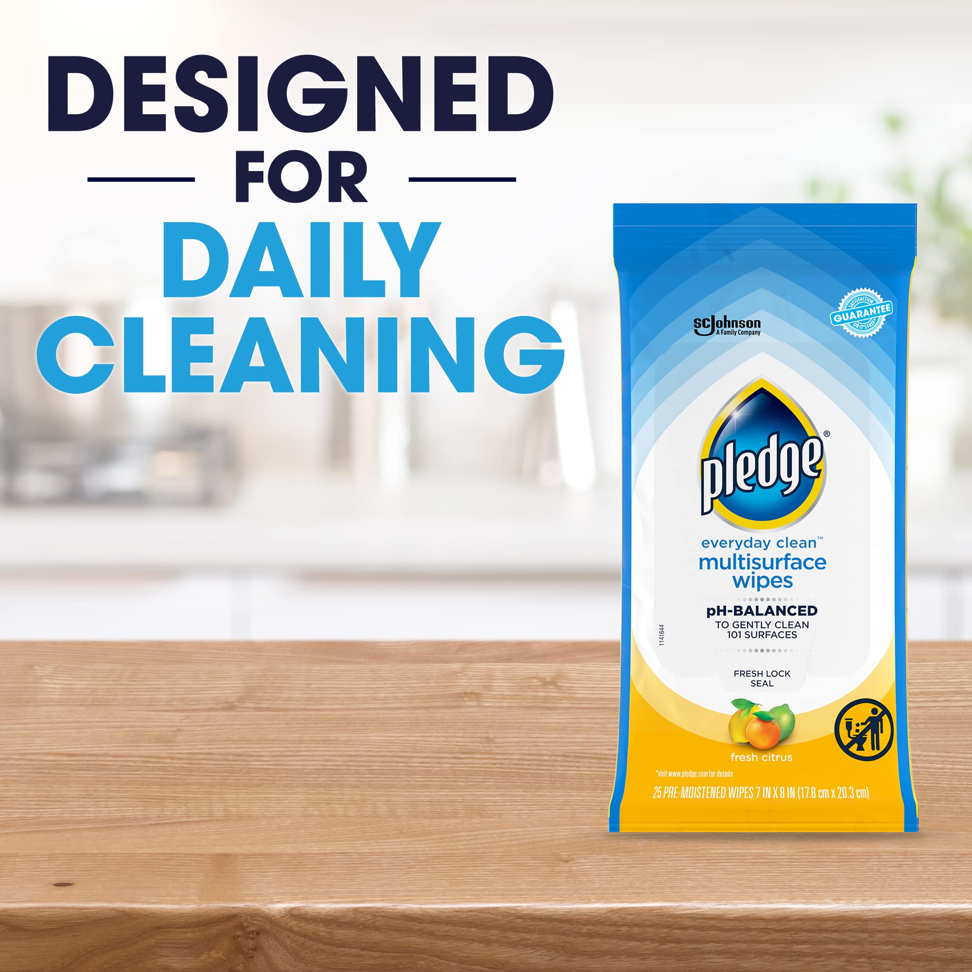 Pledge Multi-Surface Furniture Polish Wipes, Works on Wood, Granite, and Leather, Cleans and Protects, Fresh Citrus - Pack of 4 (100 Total Wipes)