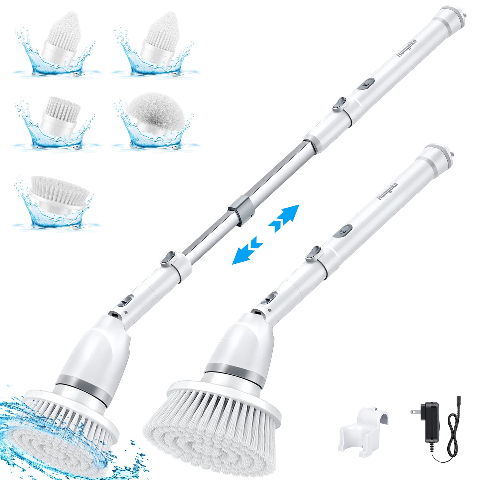 Homyeko Electric Spin Scrubber for Bathroom, Scrubber Cleaning Brush, Shower Scrubber with Long Handle, Power Scrubber Brush for Tub, Floor, Car Wheel, Tile Cleaning, 5 Replaceable Brush Heads