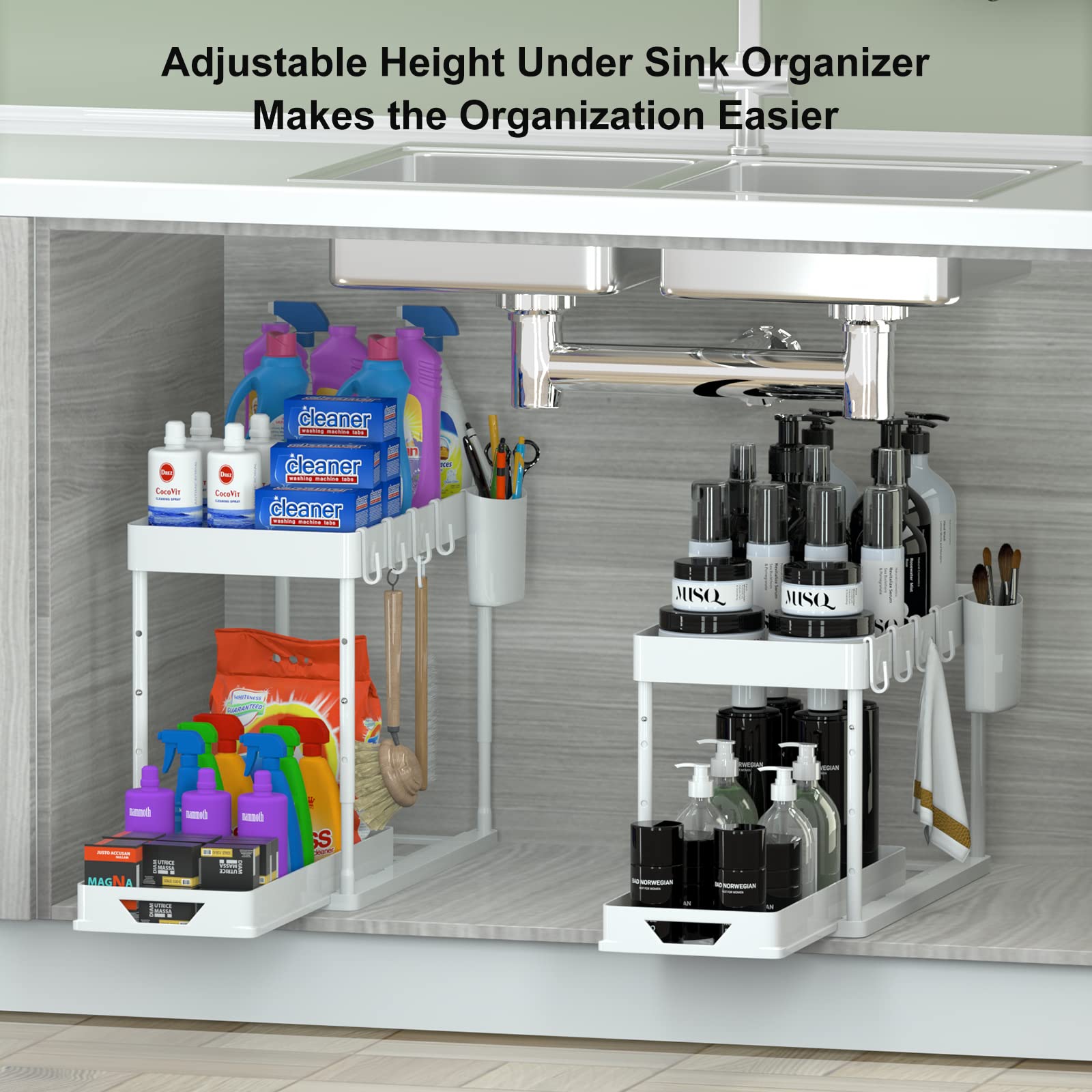 HI NINGER 2 Pack Adjustable Height Under Sink Organizers and Storage, 2Tier Bathroom Organizer Under Sink,Multifunction Kitchen Under Sink Organizer with 8 Hooks and 2 Hanging Cups and16Non-slip mat