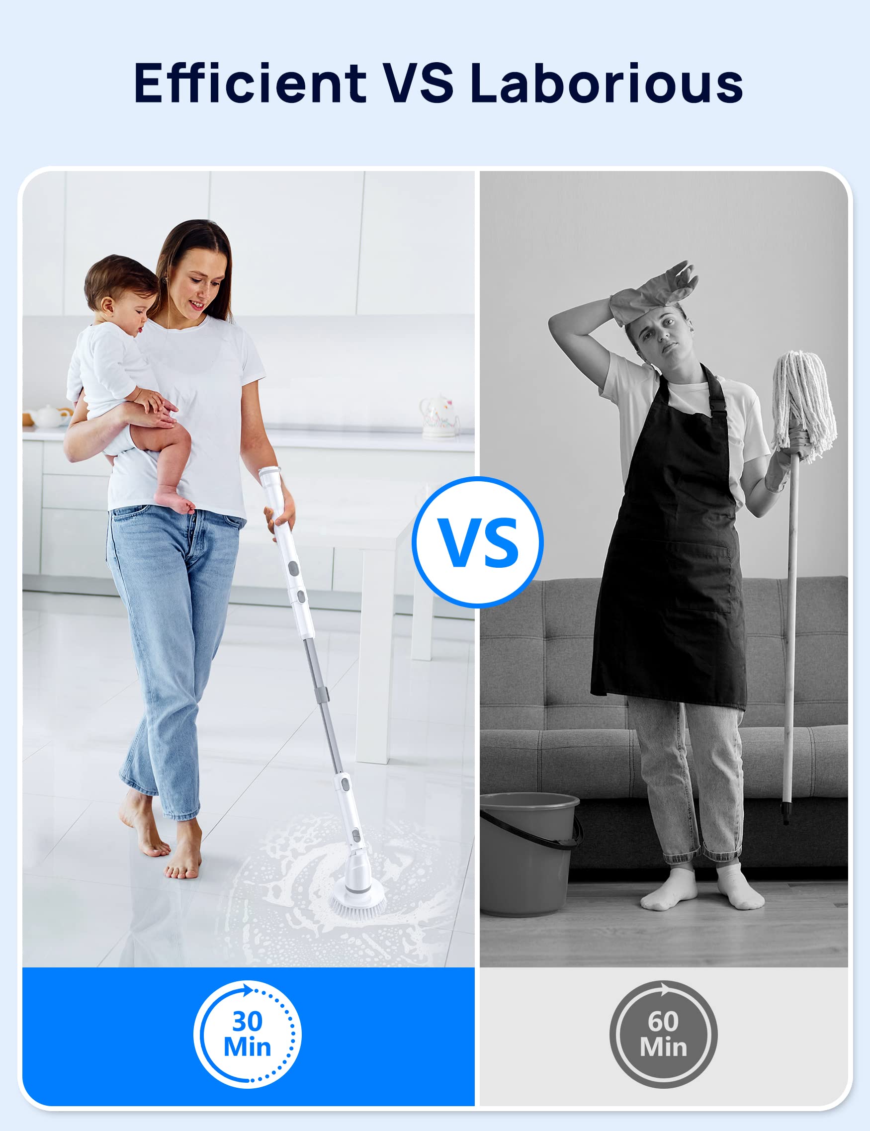Homyeko Electric Spin Scrubber for Bathroom, Scrubber Cleaning Brush, Shower Scrubber with Long Handle, Power Scrubber Brush for Tub, Floor, Car Wheel, Tile Cleaning, 5 Replaceable Brush Heads