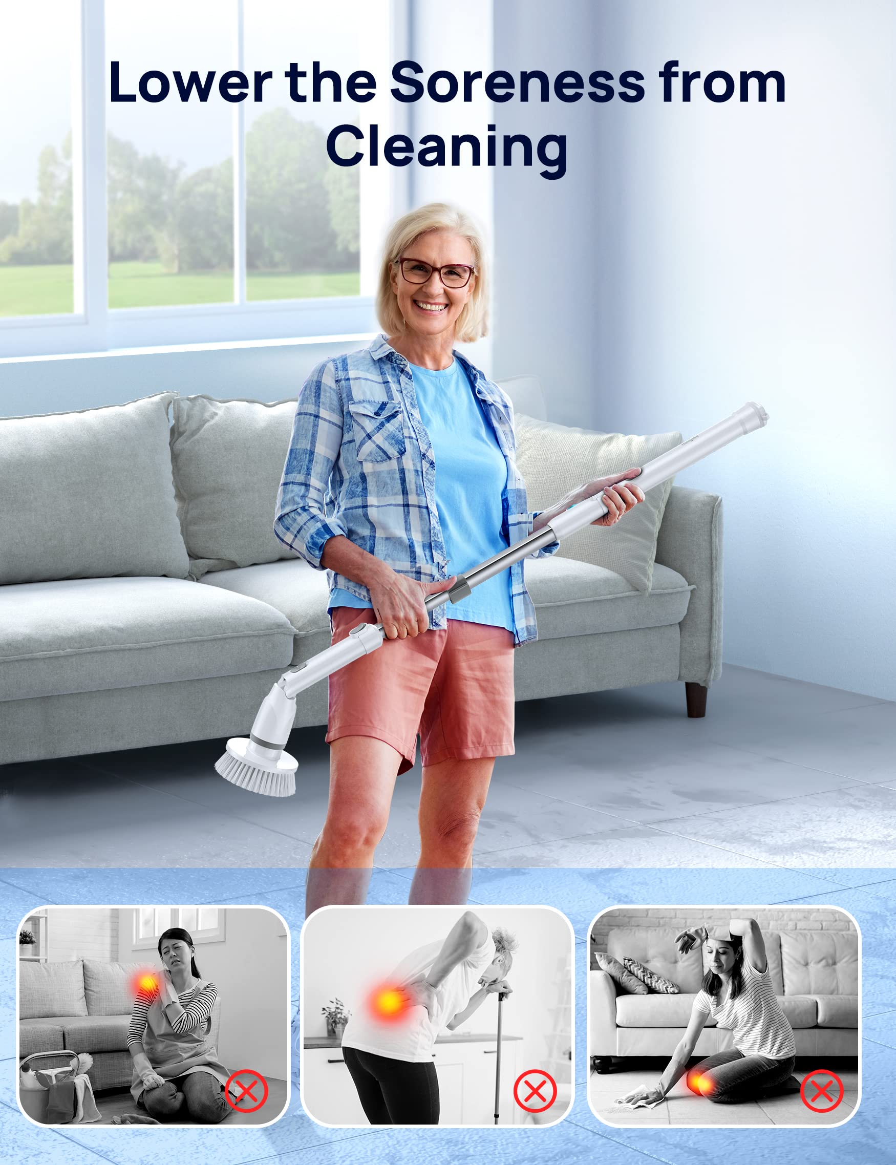 Homyeko Electric Spin Scrubber for Bathroom, Scrubber Cleaning Brush, Shower Scrubber with Long Handle, Power Scrubber Brush for Tub, Floor, Car Wheel, Tile Cleaning, 5 Replaceable Brush Heads