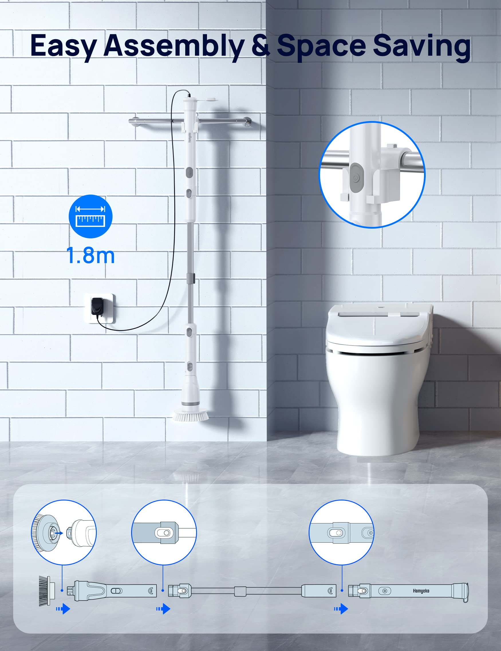 Homyeko Electric Spin Scrubber for Bathroom, Scrubber Cleaning Brush, Shower Scrubber with Long Handle, Power Scrubber Brush for Tub, Floor, Car Wheel, Tile Cleaning, 5 Replaceable Brush Heads