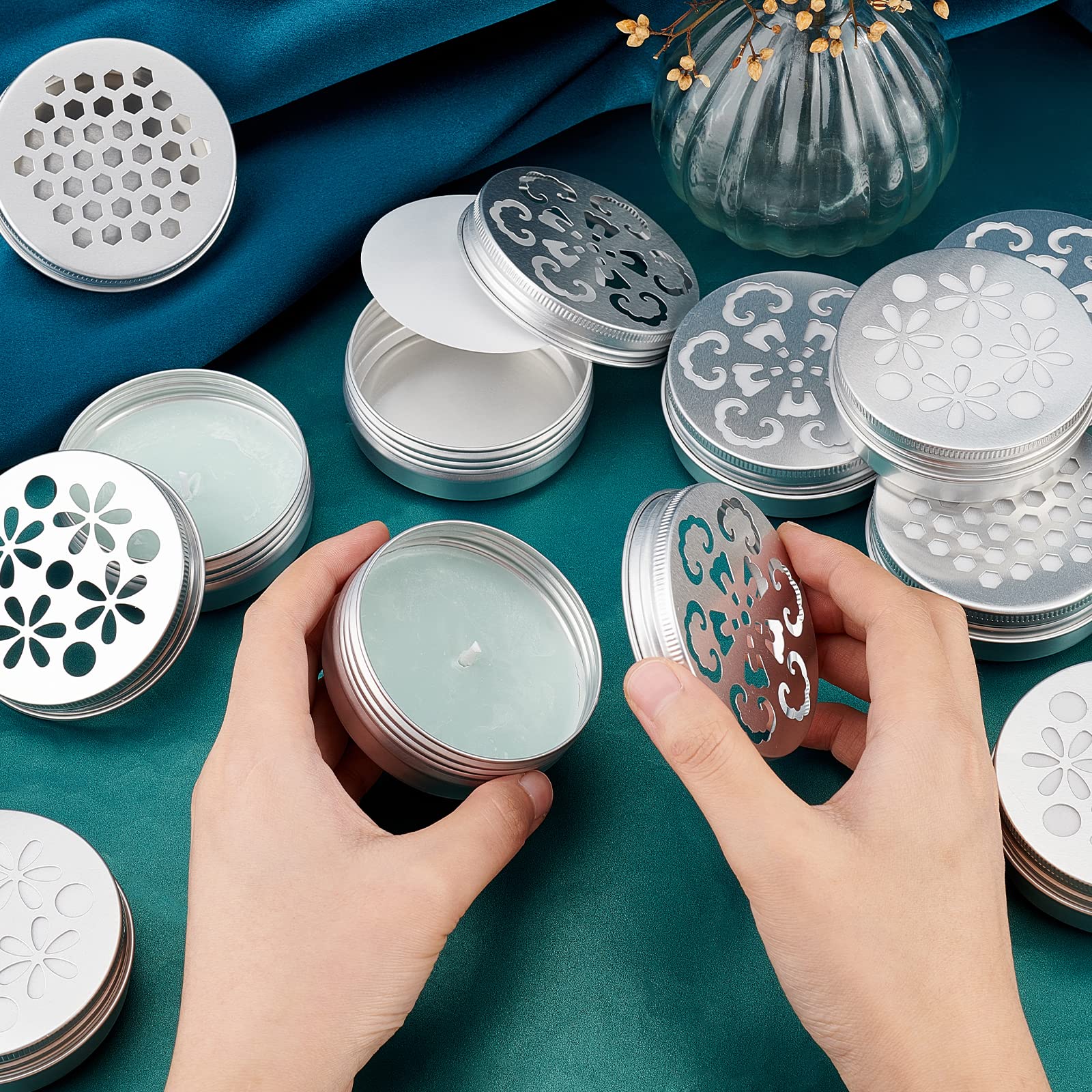 PH PandaHall 2 Ounce Aluminium Tins, 12pcs 3 Styles Empty Storage Containers with Hollow Lids 60ml Screw Lid Round Jars Sample for Aromatherapy Air Freshener Candles Travel Storage