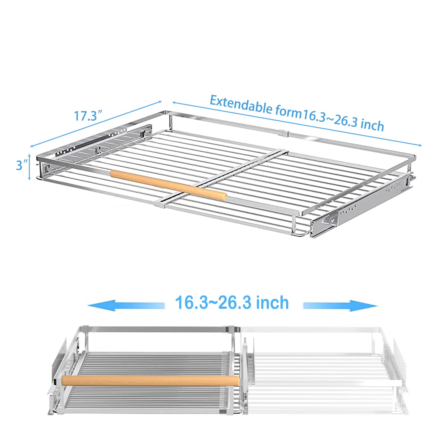 Redrubbit Expandable Pull Out Drawers Cabinet Shelf Organizer, Heavy Steel Metal Wire Slide Out Kitchen Pantry Organizer Storage Shelf, Adjustable Width 16.3~26.3"x17.3" D