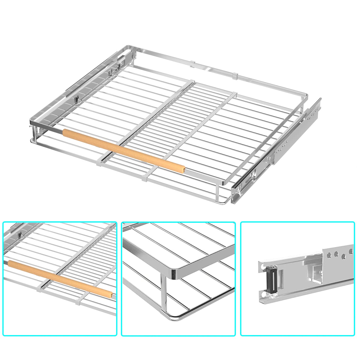 Redrubbit Expandable Pull Out Drawers Cabinet Shelf Organizer, Heavy Steel Metal Wire Slide Out Kitchen Pantry Organizer Storage Shelf, Adjustable Width 16.3~26.3"x17.3" D
