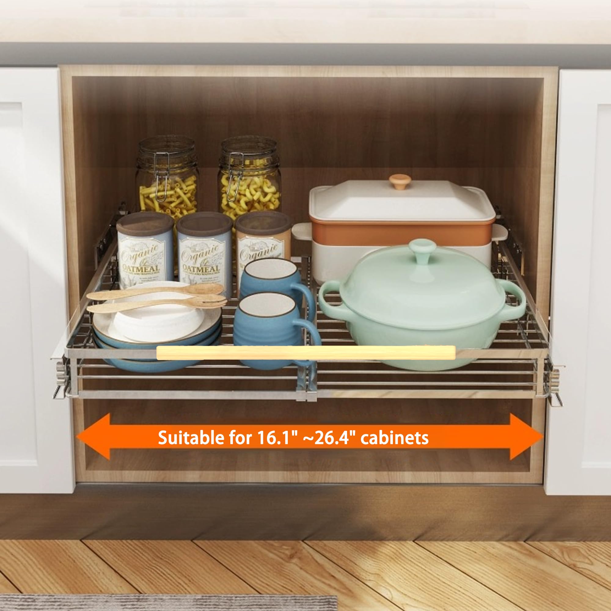 Redrubbit Expandable Pull Out Drawers Cabinet Shelf Organizer, Heavy Steel Metal Wire Slide Out Kitchen Pantry Organizer Storage Shelf, Adjustable Width 16.3~26.3"x17.3" D