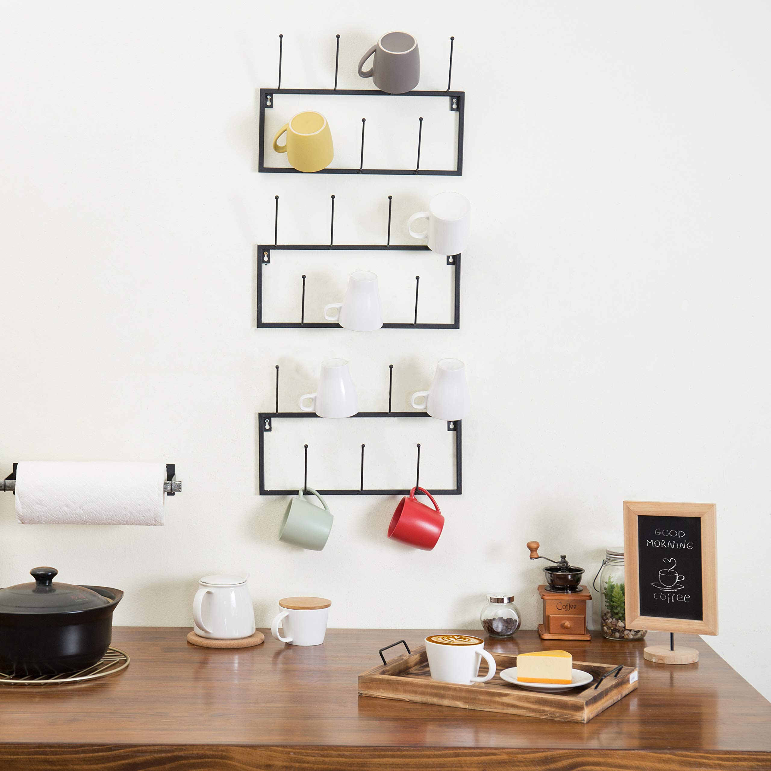 MyGift Black Metal Coffee Mug Rack Wall Mounted Hanging Storage Coffee Bar Accessories Rack with 21 Hooks, Set of 3