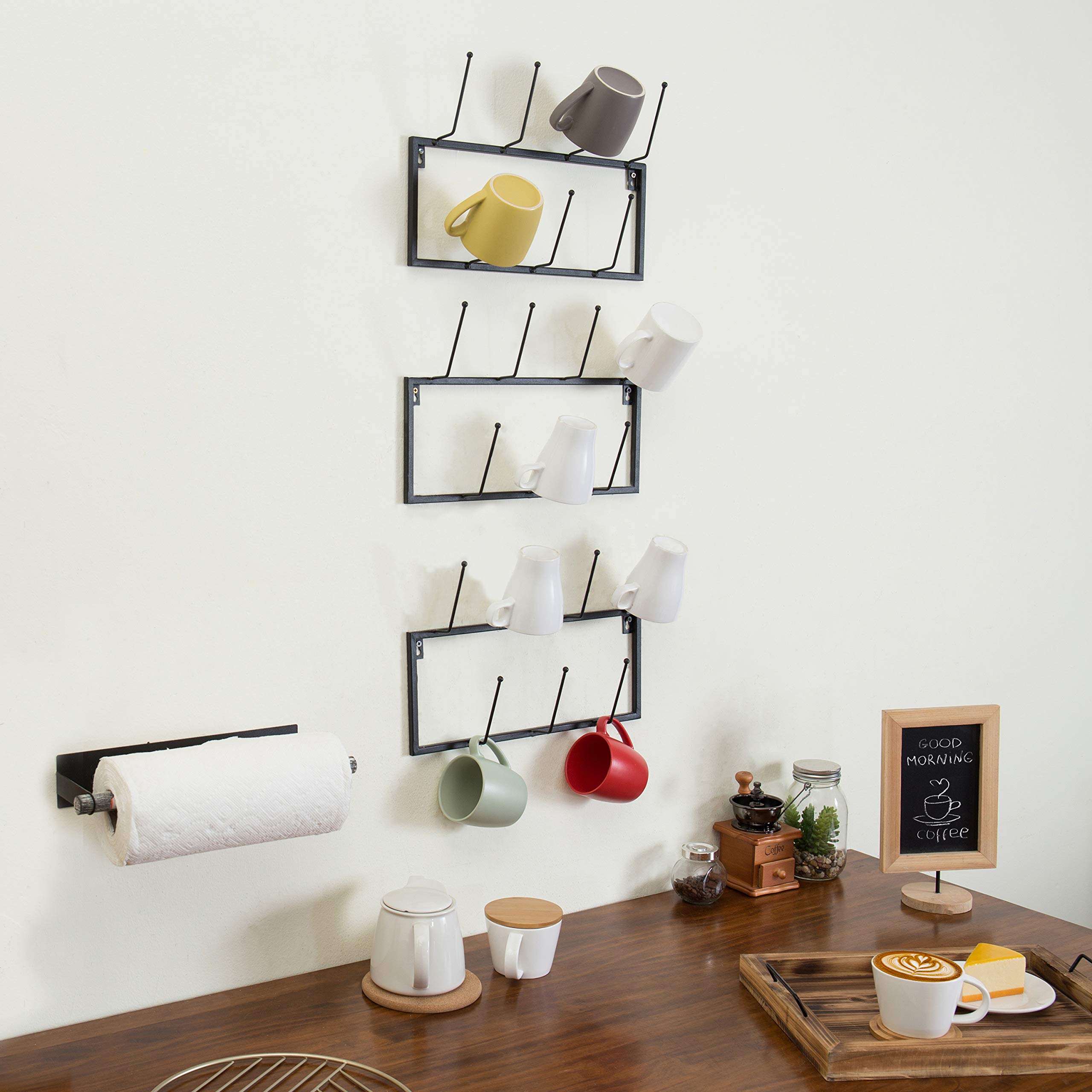 MyGift Black Metal Coffee Mug Rack Wall Mounted Hanging Storage Coffee Bar Accessories Rack with 21 Hooks, Set of 3