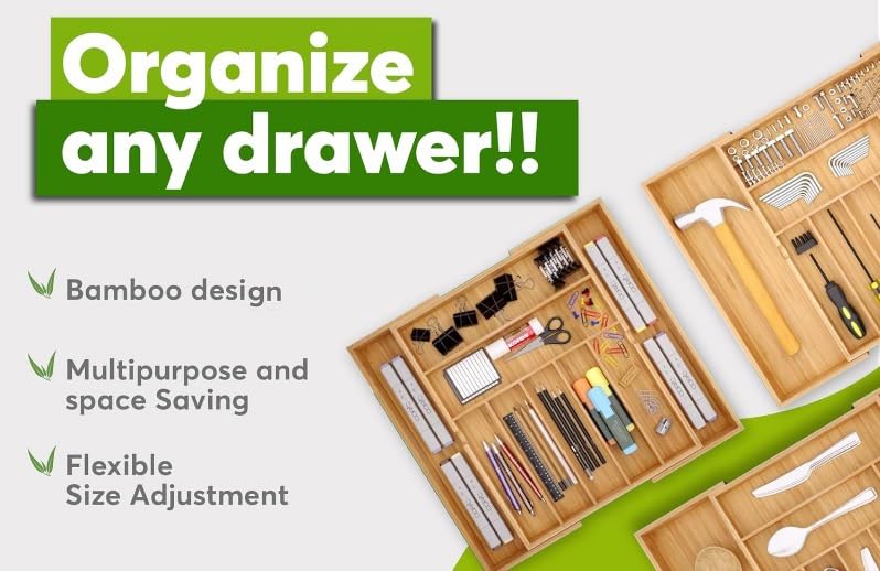 Nature Gear Kitchen Drawer Organizer - 9 Section Expandable Bamboo Storage for Flatware - Housewares - Bath & Vanity - Tool Utility Caddy Adjustable Tray