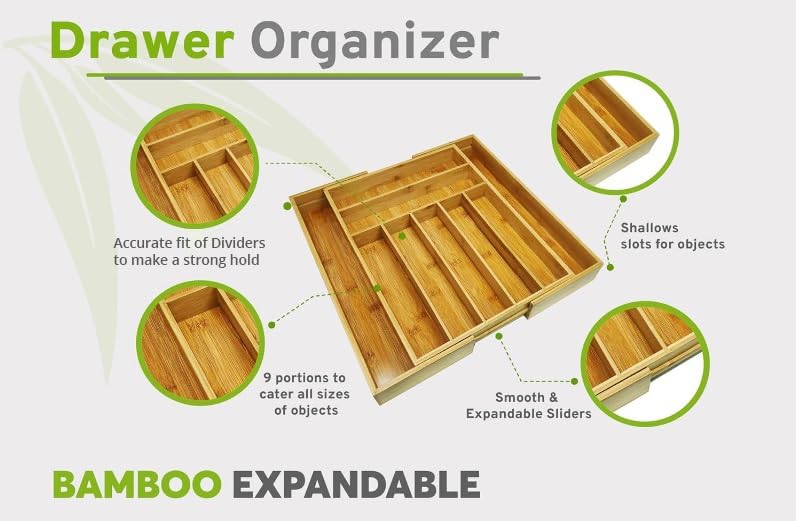 Nature Gear Kitchen Drawer Organizer - 9 Section Expandable Bamboo Storage for Flatware - Housewares - Bath & Vanity - Tool Utility Caddy Adjustable Tray