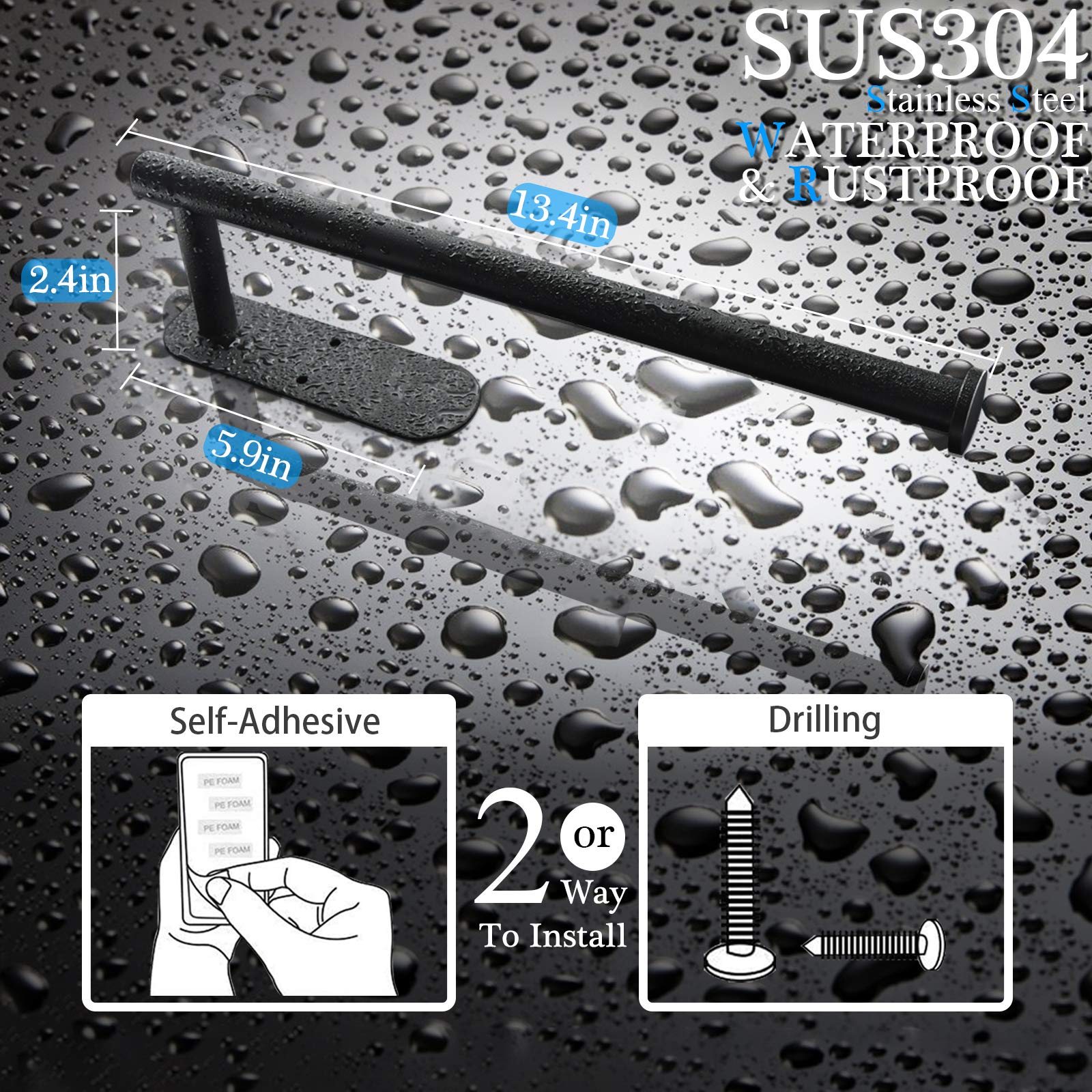 Paper Towel Holder Wall Mount, Self Adhesive or Screw Mount, Under Cabinet Paper Towel Holder Made of SUS304 Stainless Steel (Matte Black)