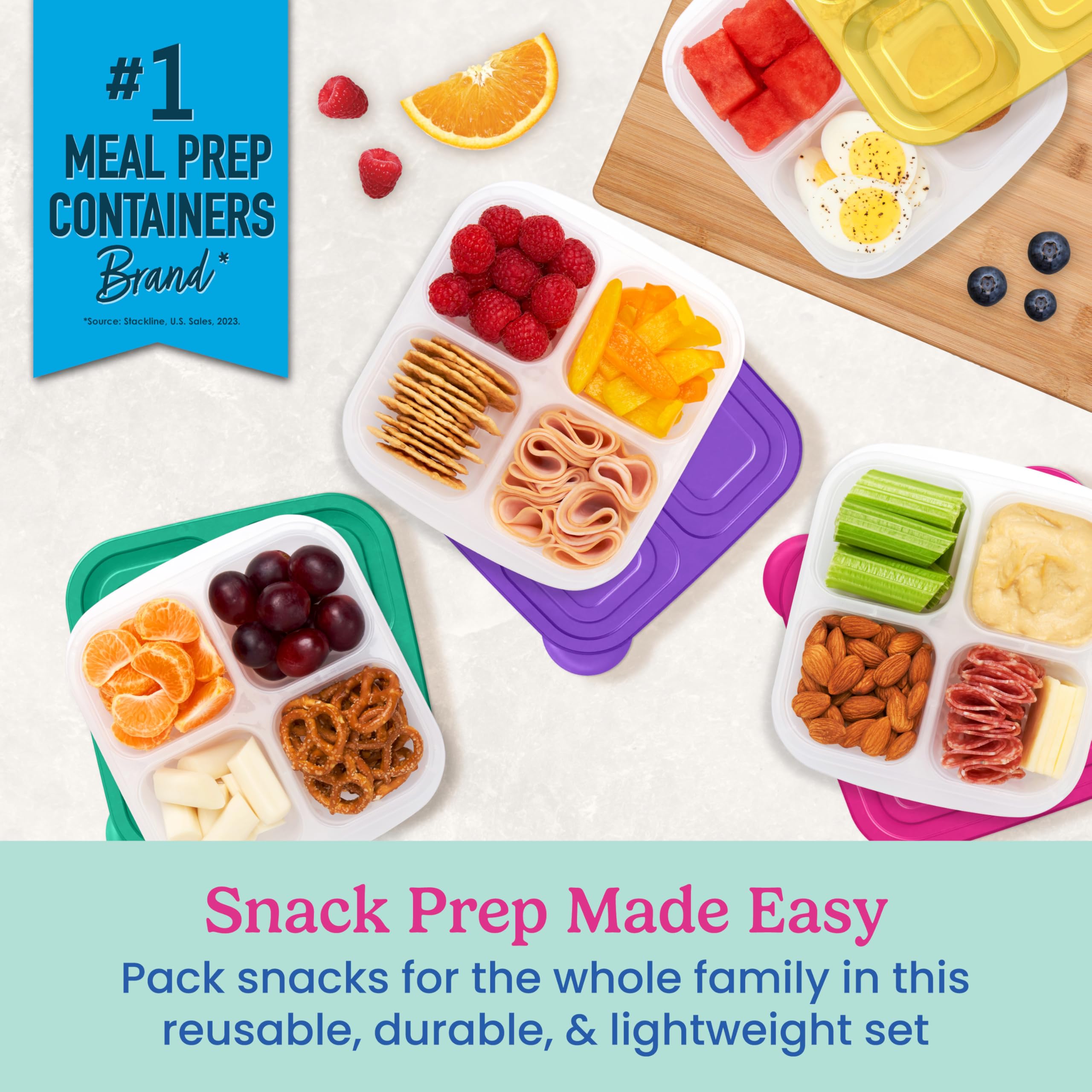 EasyLunchboxes® - Bento Snack Boxes - Reusable 4-Compartment Food Containers for School, Work and Travel, Set of 4, Brights