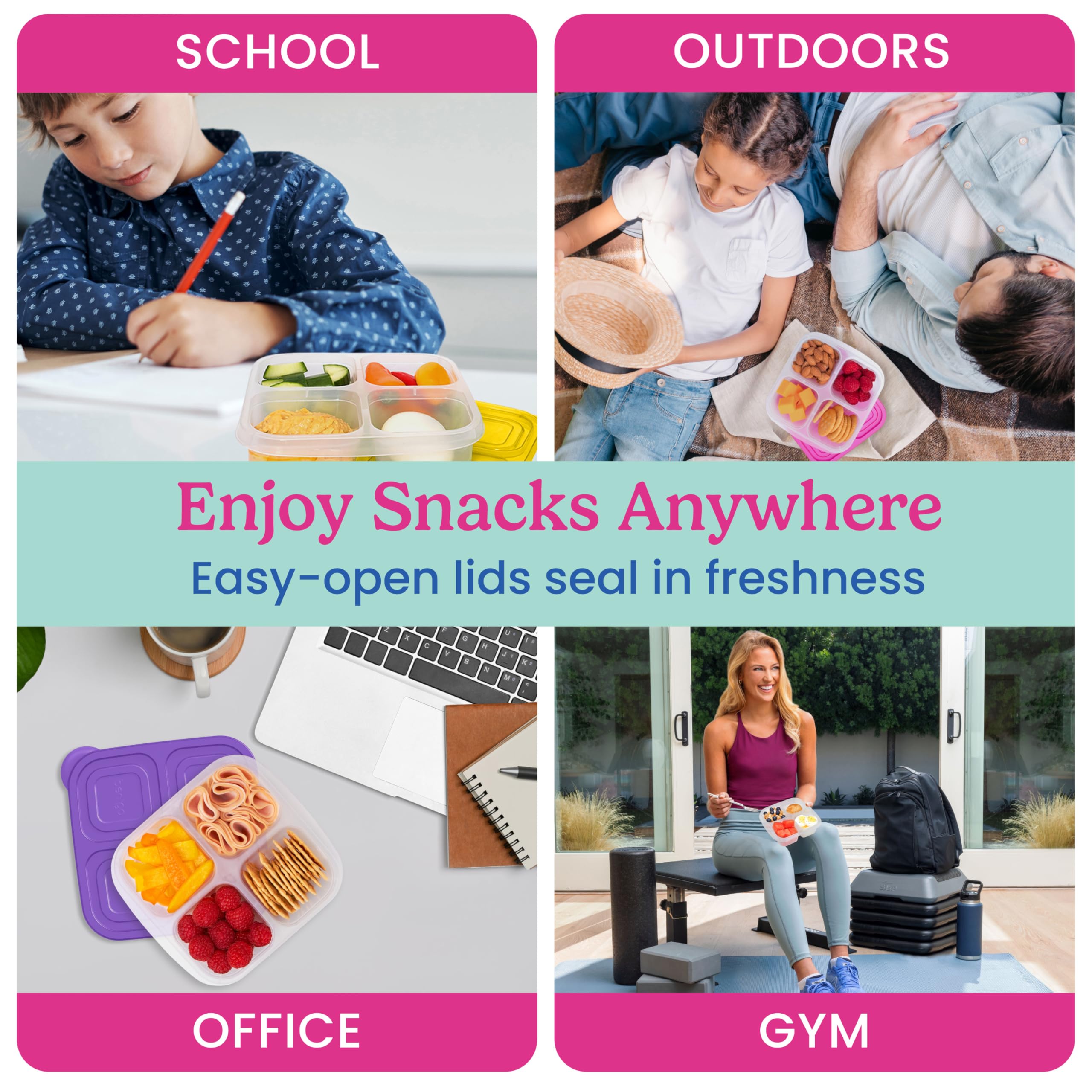 EasyLunchboxes® - Bento Snack Boxes - Reusable 4-Compartment Food Containers for School, Work and Travel, Set of 4, Brights