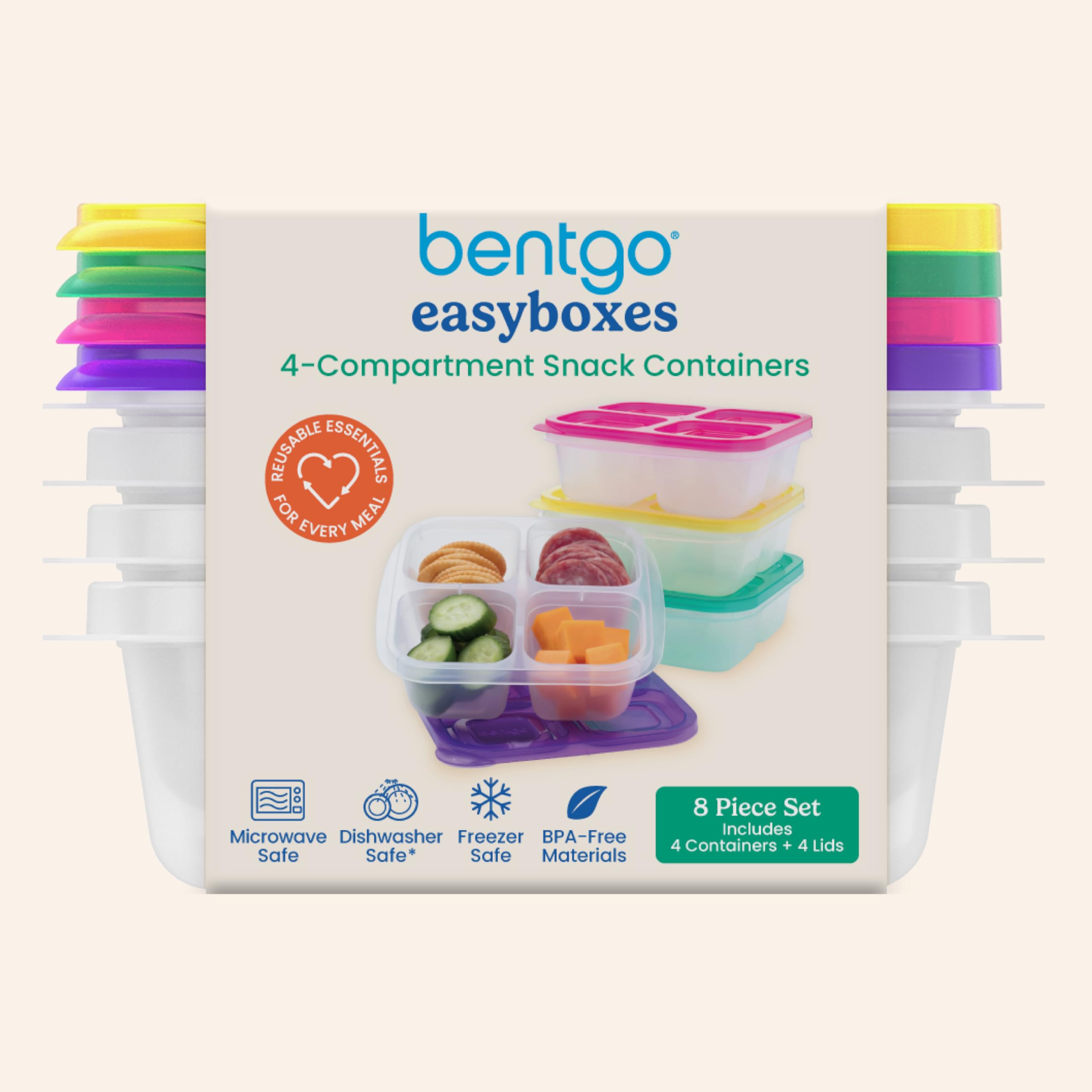 EasyLunchboxes® - Bento Snack Boxes - Reusable 4-Compartment Food Containers for School, Work and Travel, Set of 4, Brights
