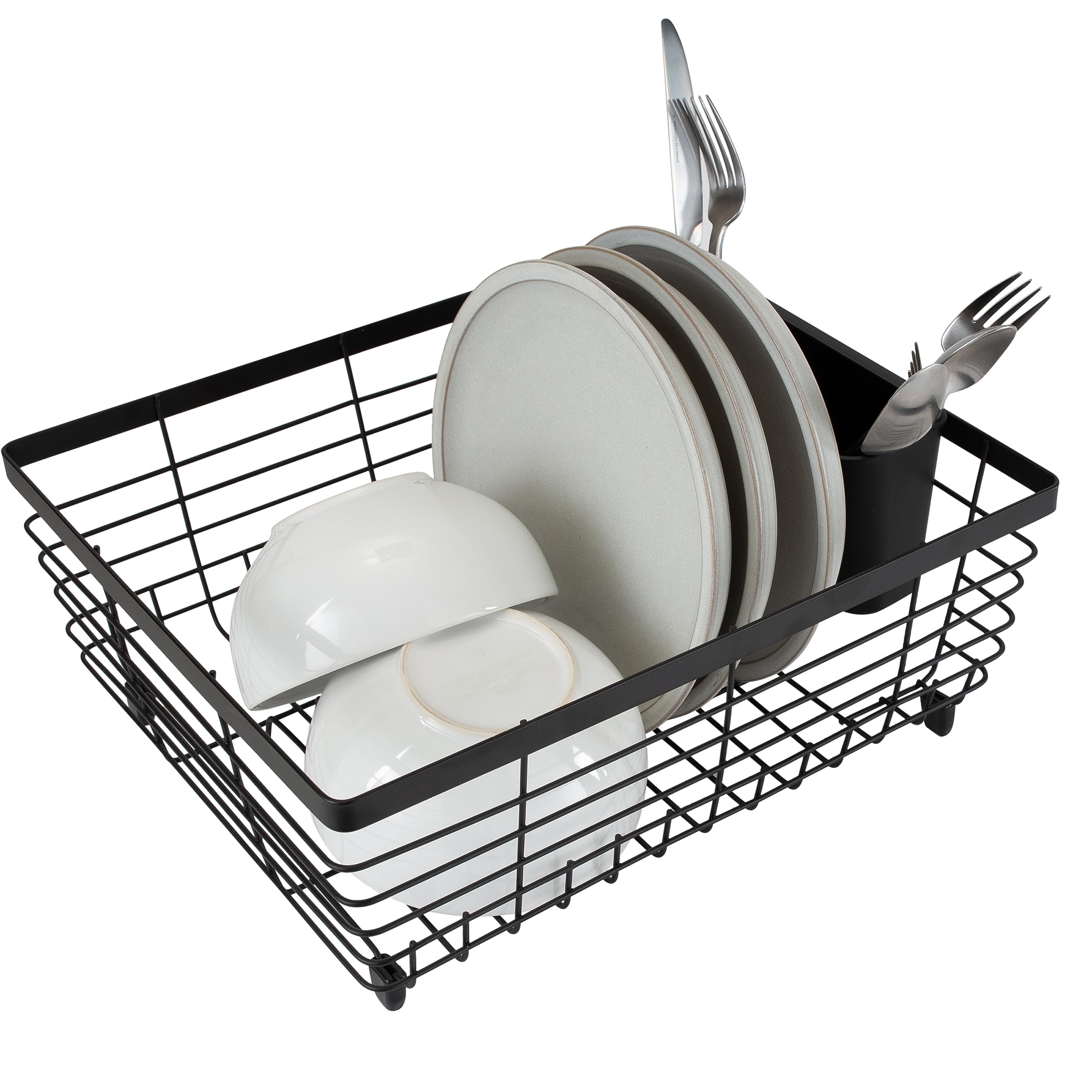 Kitchen Details Flat Wire Countertop or Over The Sink Dish Drying Rack with Cutlery Basket, Black