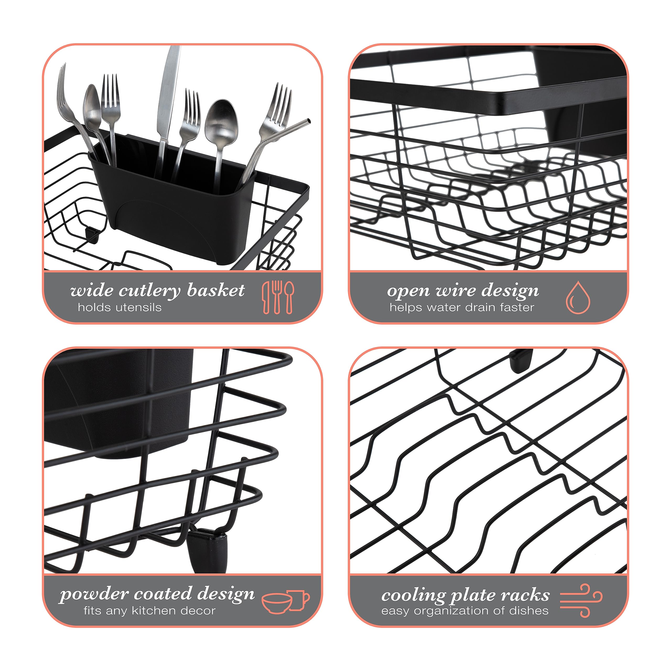 Kitchen Details Flat Wire Countertop or Over The Sink Dish Drying Rack with Cutlery Basket, Black