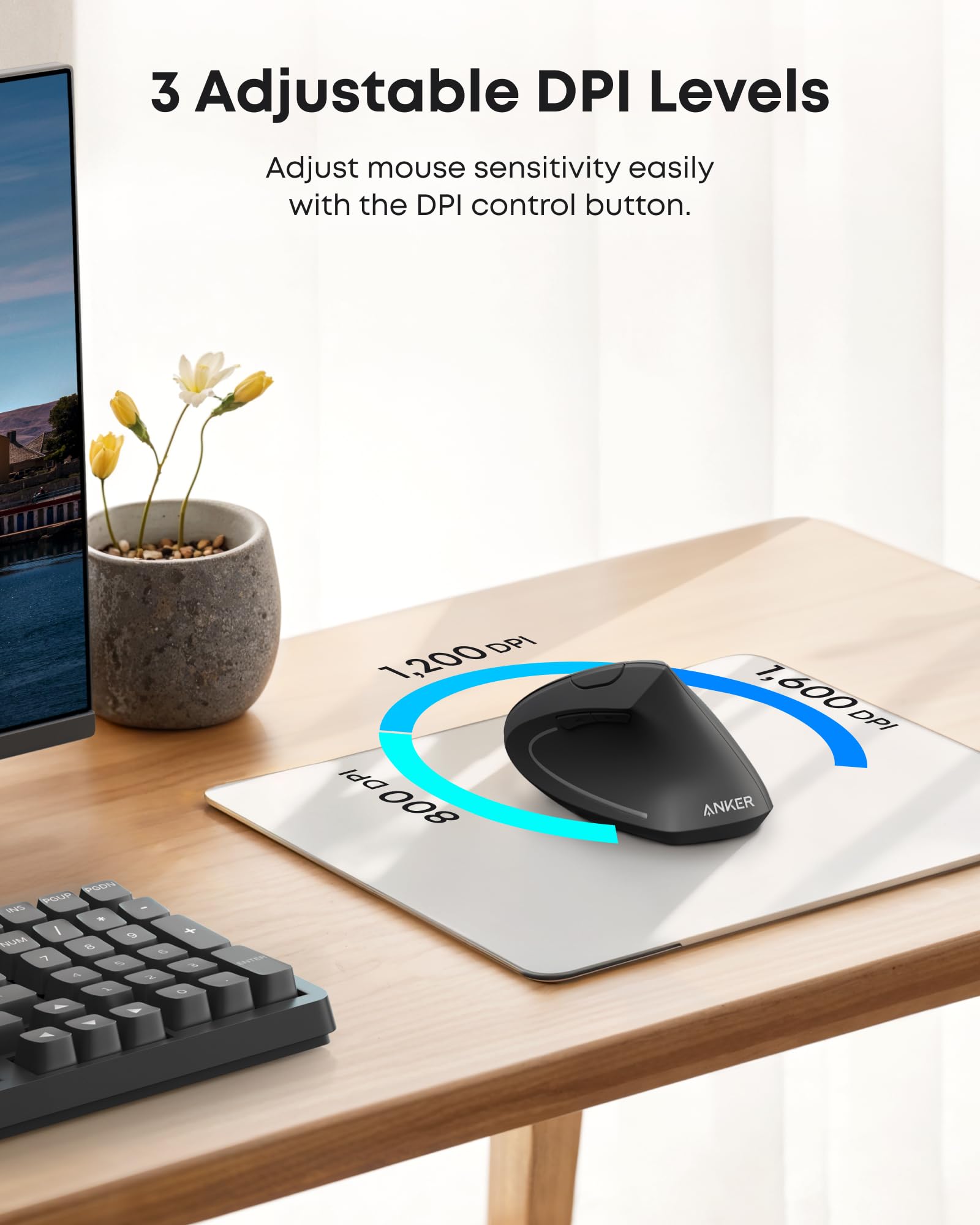 Anker 2.4G Wireless Vertical Ergonomic Optical Mouse, 800 / 1200 /1600 DPI, 5 Buttons for Laptop, Desktop, PC, Macbook - Black