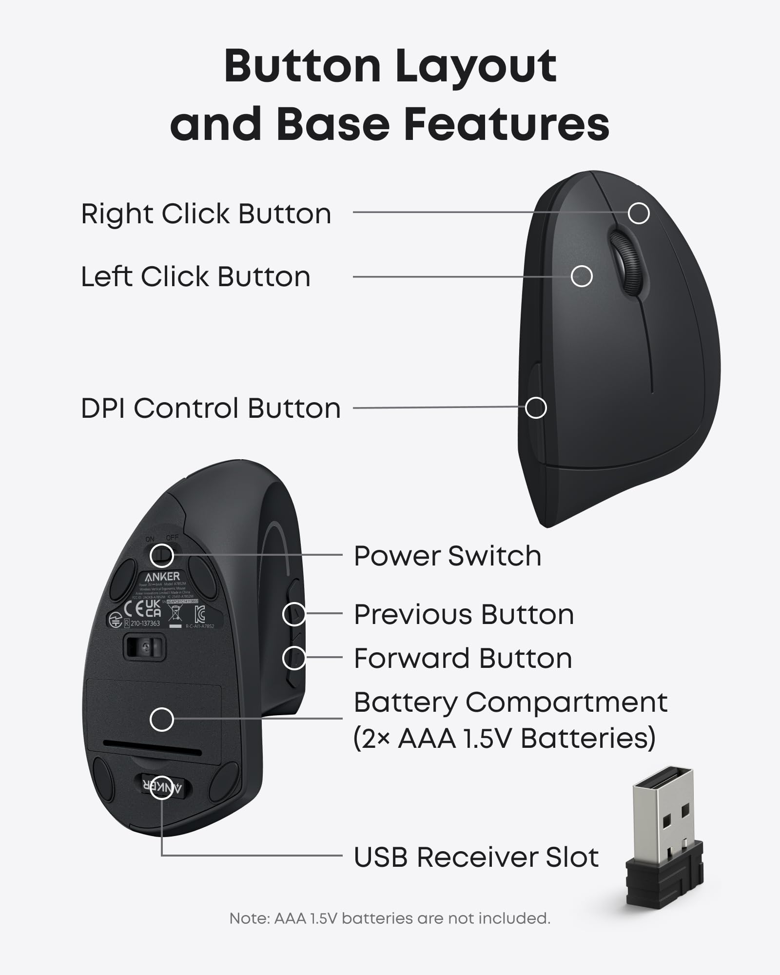 Anker 2.4G Wireless Vertical Ergonomic Optical Mouse, 800 / 1200 /1600 DPI, 5 Buttons for Laptop, Desktop, PC, Macbook - Black
