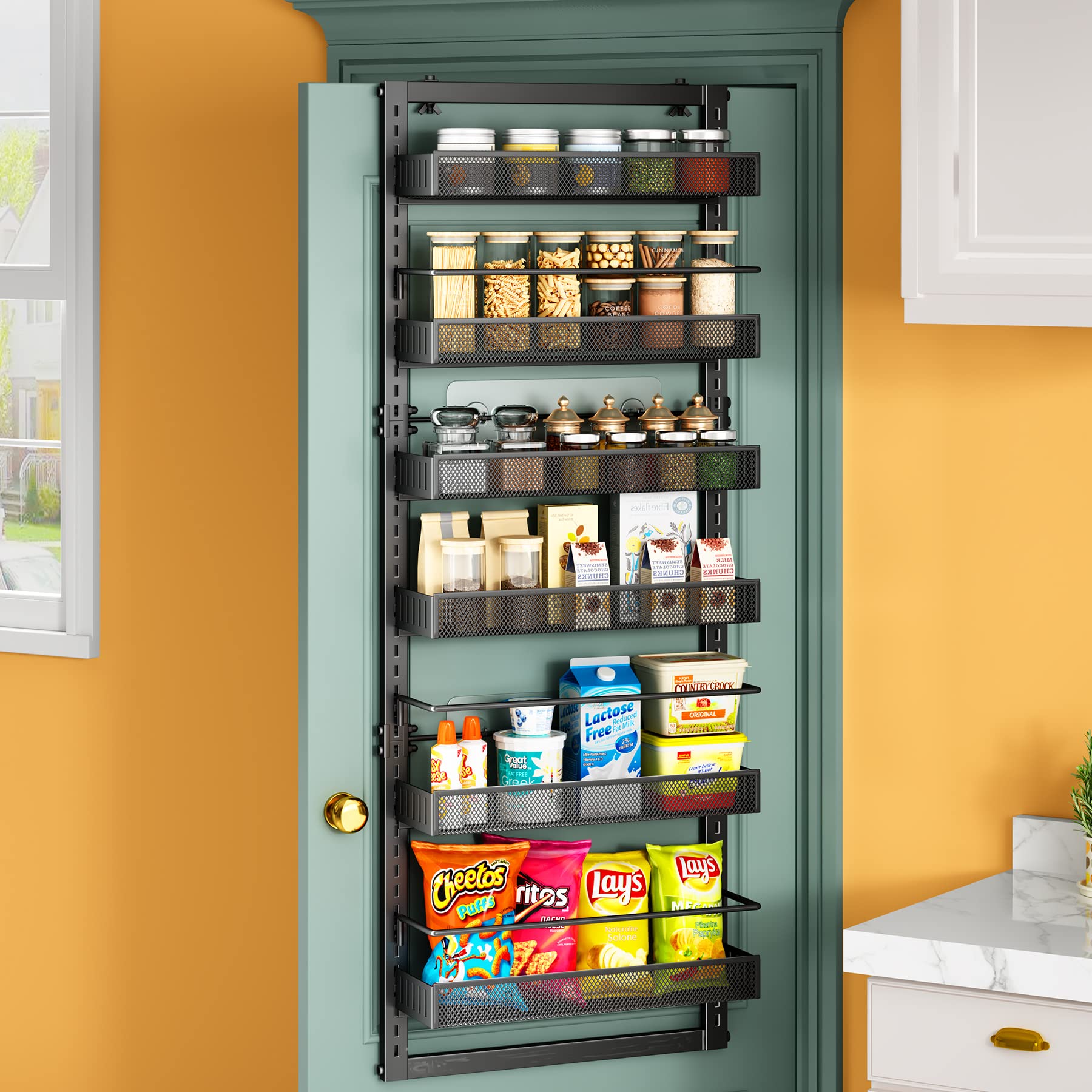 Over the Door Pantry Organizer, 6-Tier Adjustable Spice Rack, Metal Door Shelf with Detachable Guardrail, Space Saving Hanging Baskets for Kitchen Pantry Bathroom Organization Storage, Black