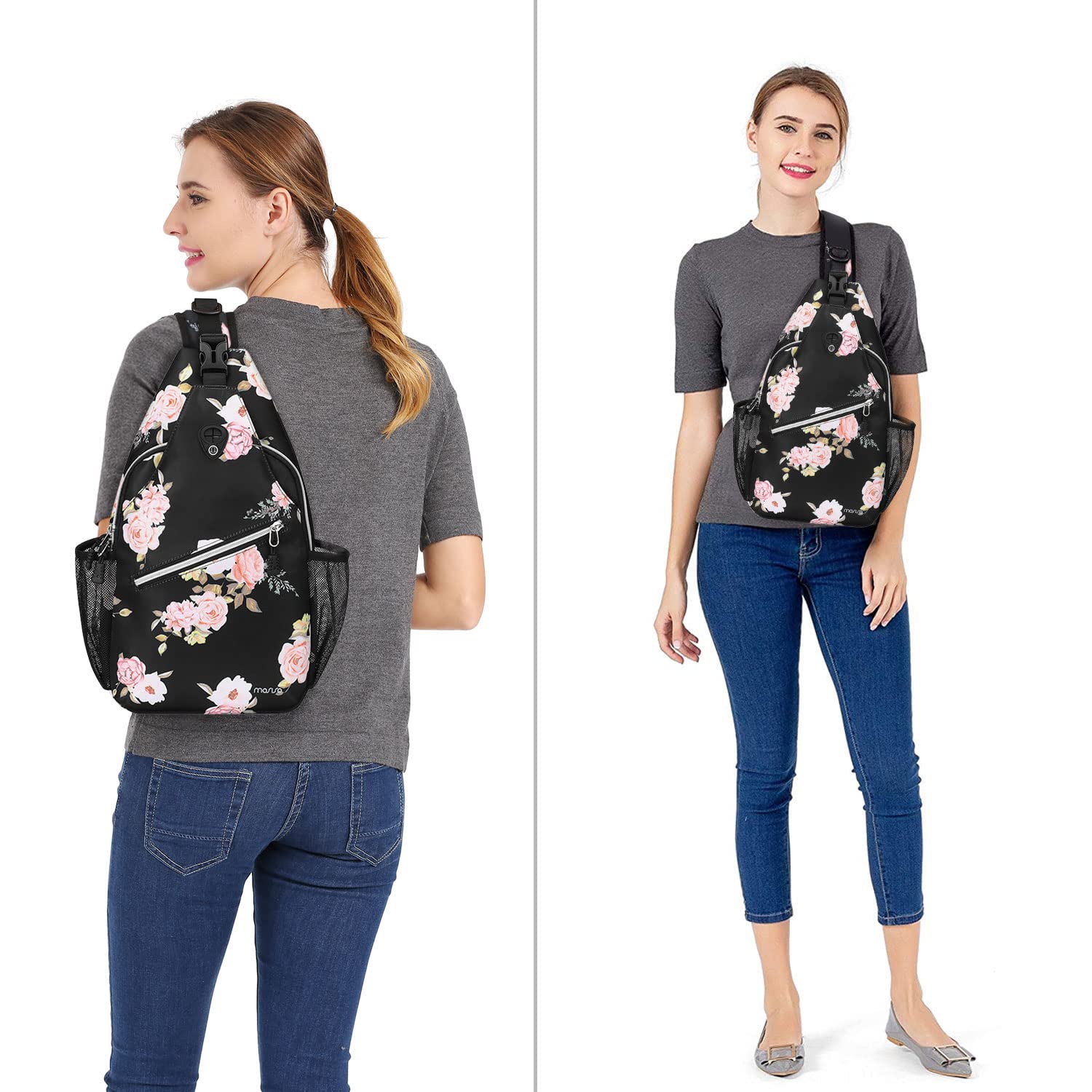 MOSISO Sling Backpack, Multipurpose Travel Hiking Daypack Peony Rope Crossbody Shoulder Bag, Black