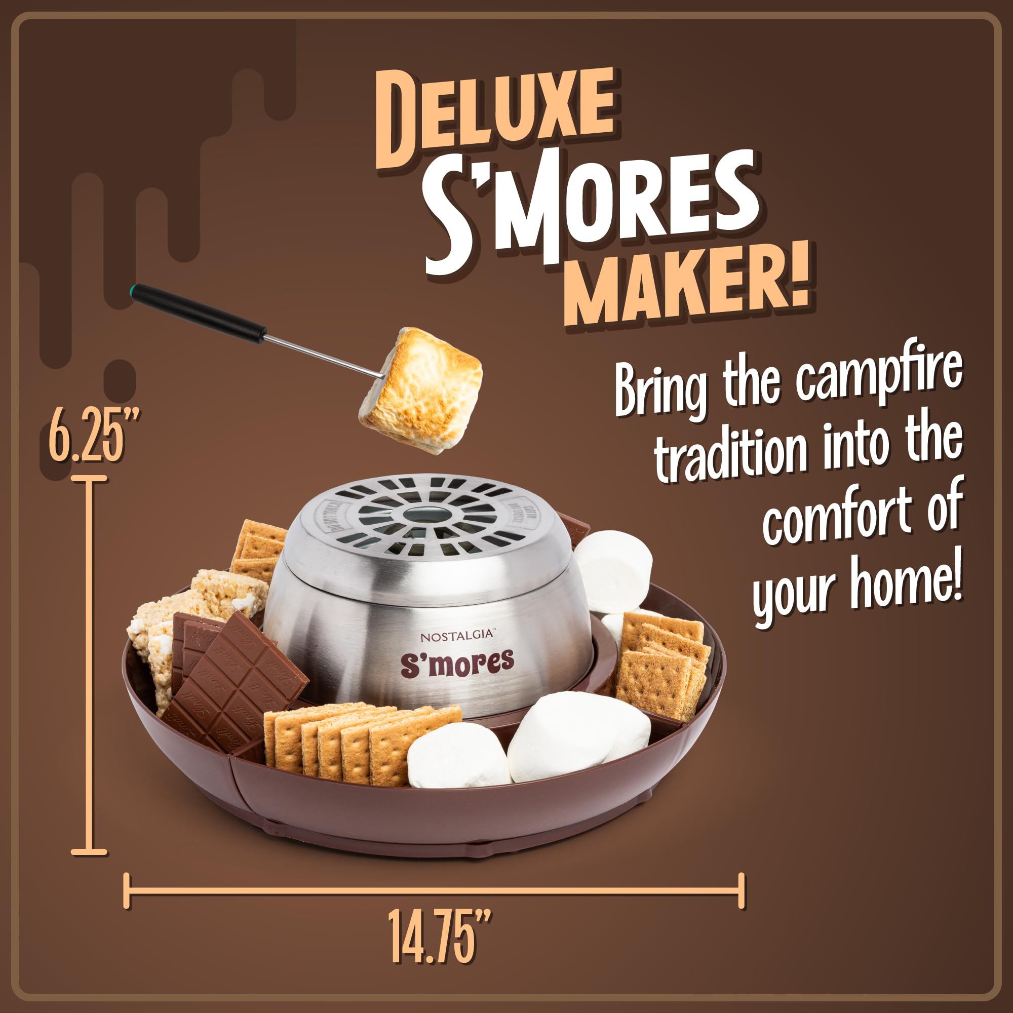 Nostalgia Electric S'mores Maker, Tabletop Indoor Machine with 4 Compartment Trays for Graham Crackers, Chocolate, Marshmallows, 4 Forks, Stainless Steel