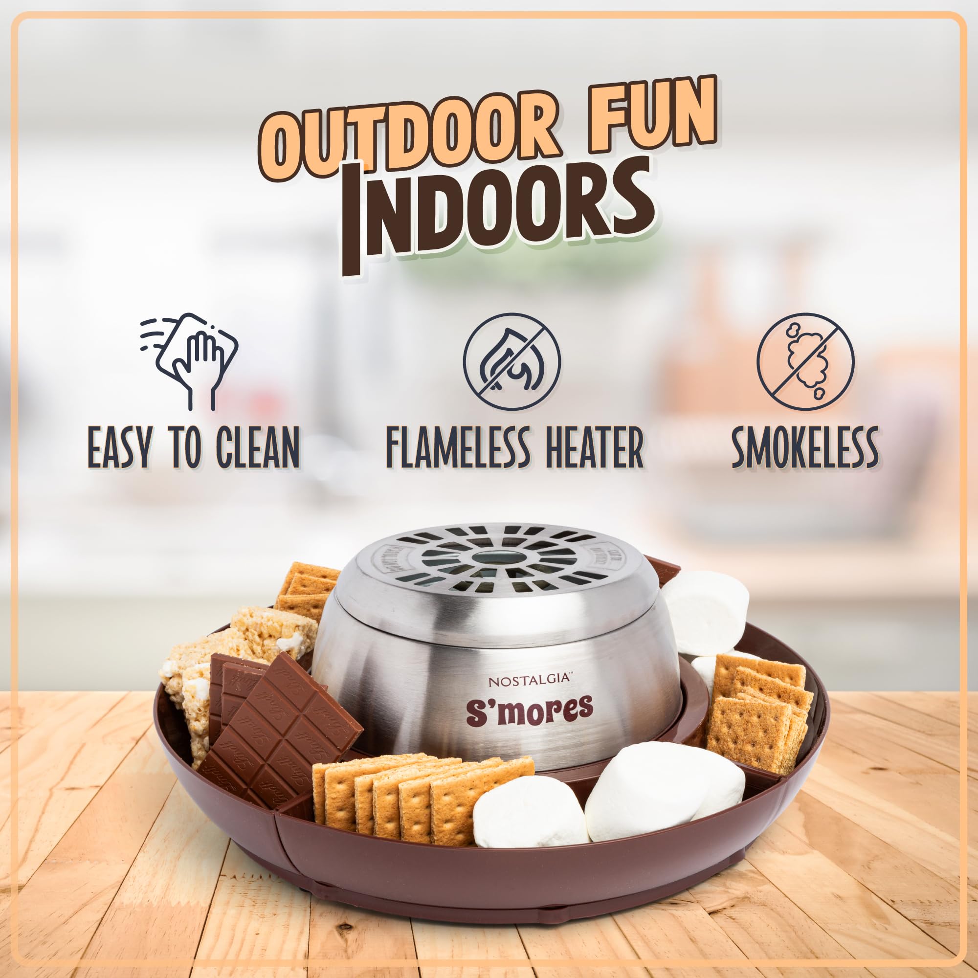 Nostalgia Electric S'mores Maker, Tabletop Indoor Machine with 4 Compartment Trays for Graham Crackers, Chocolate, Marshmallows, 4 Forks, Stainless Steel