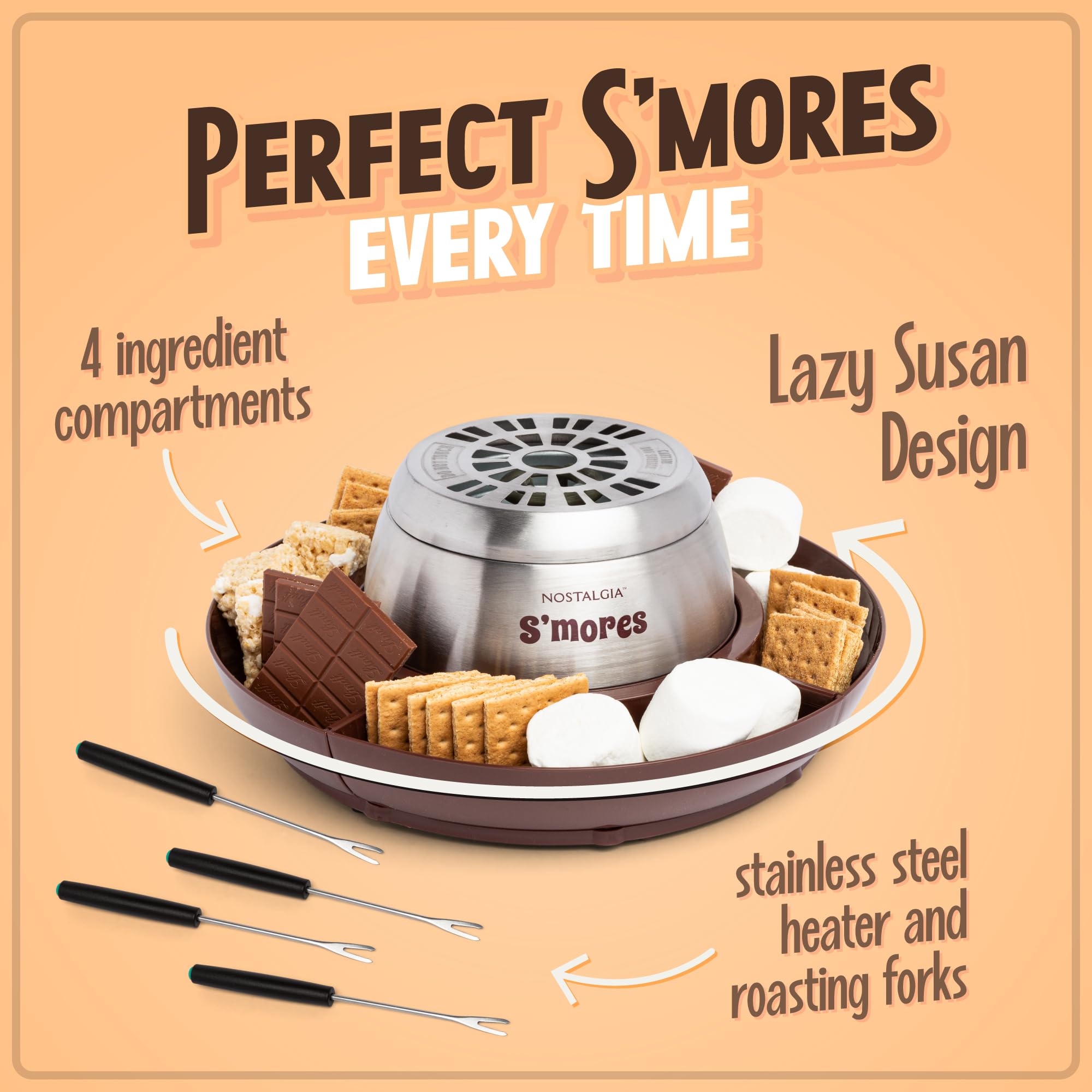 Nostalgia Electric S'mores Maker, Tabletop Indoor Machine with 4 Compartment Trays for Graham Crackers, Chocolate, Marshmallows, 4 Forks, Stainless Steel
