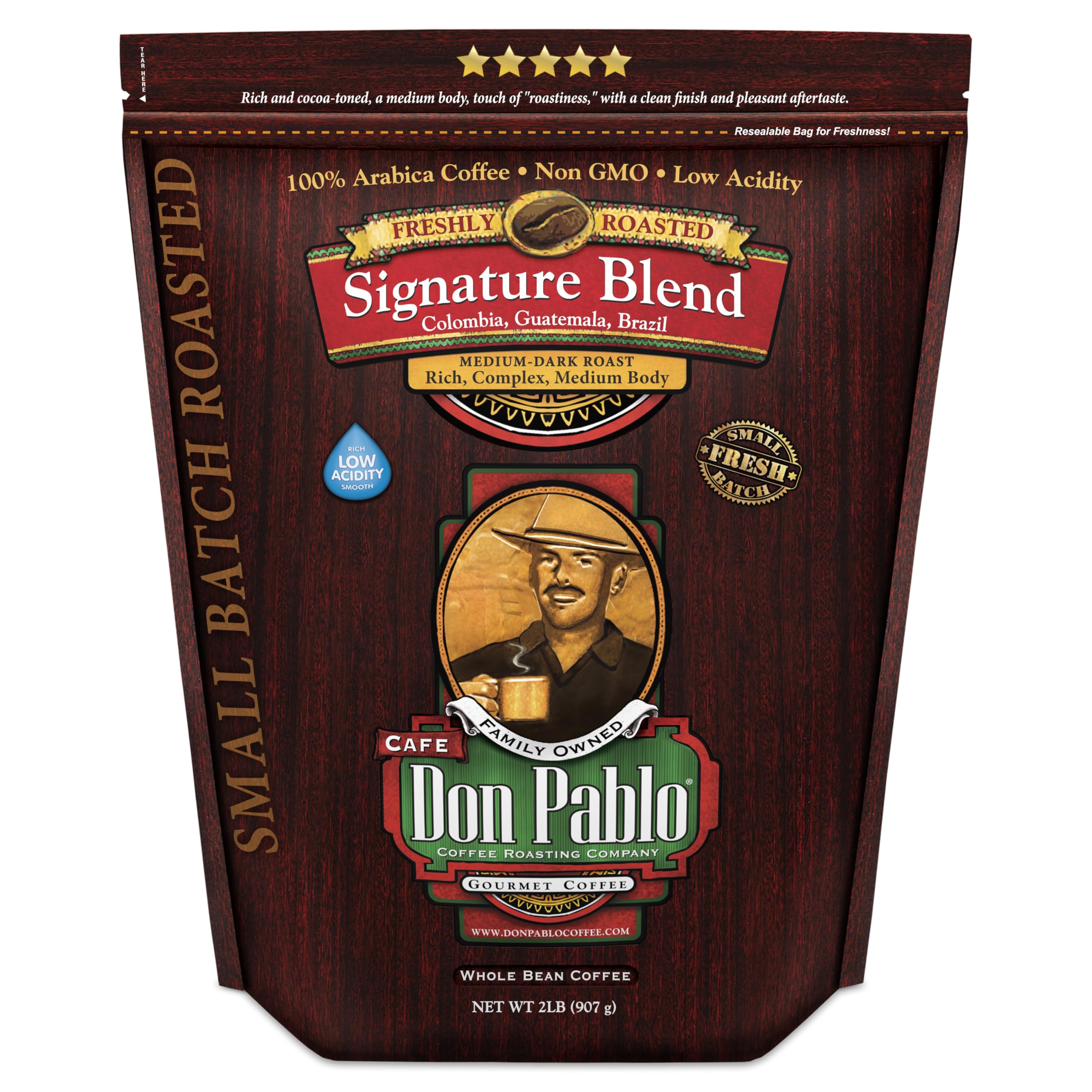 Don Pablo Gourmet Coffee - Signature Blend - Medium Dark Roast - Whole Bean Coffee - 100% Arabica Beans - Low Acidity and Non-GMO - 2lb bag