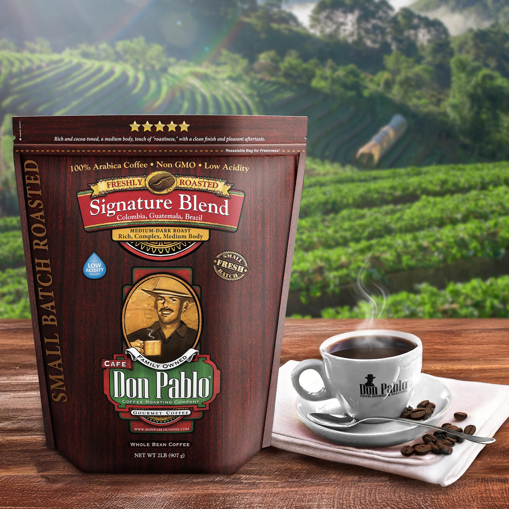 Don Pablo Gourmet Coffee - Signature Blend - Medium Dark Roast - Whole Bean Coffee - 100% Arabica Beans - Low Acidity and Non-GMO - 2lb bag