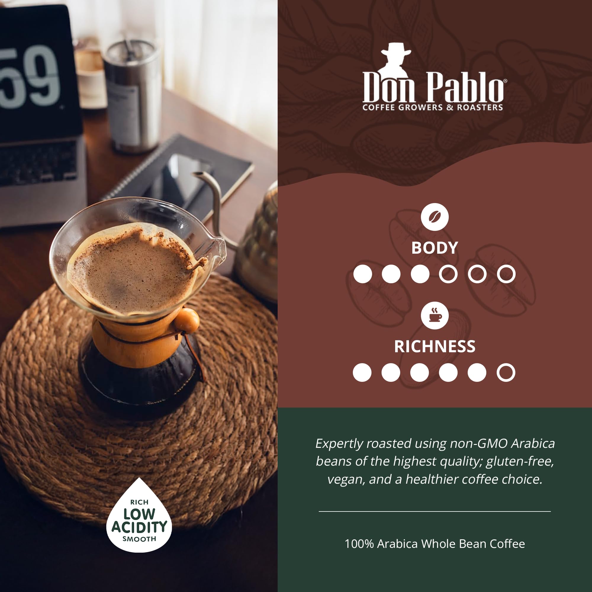 Don Pablo Gourmet Coffee - Signature Blend - Medium Dark Roast - Whole Bean Coffee - 100% Arabica Beans - Low Acidity and Non-GMO - 2lb bag