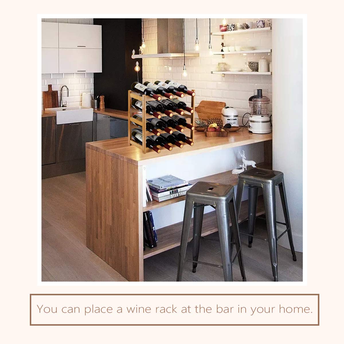 Homevany Bamboo Wine Rack, Sturdy and Durable Wine Storage Cabinet Shelf, Wine Racks Countertop for Pantry - 4 Tiers 16 Bottle Wine Rack