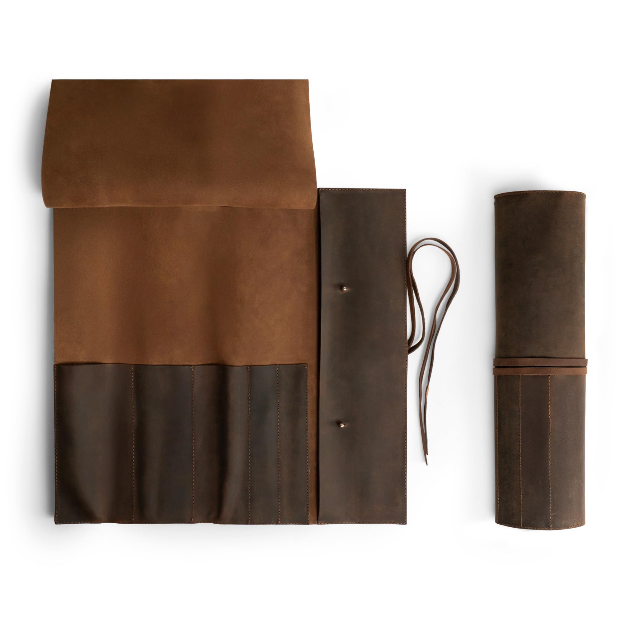 Hide & Drink, Rustic Leather Knife Roll Case (5 pockets), Compact Carry On Bag for Traveling Chefs & Cooks, Kitchen Tool Storage Organizer, Handmade Includes 101 Year Warranty (Bourbon Brown)