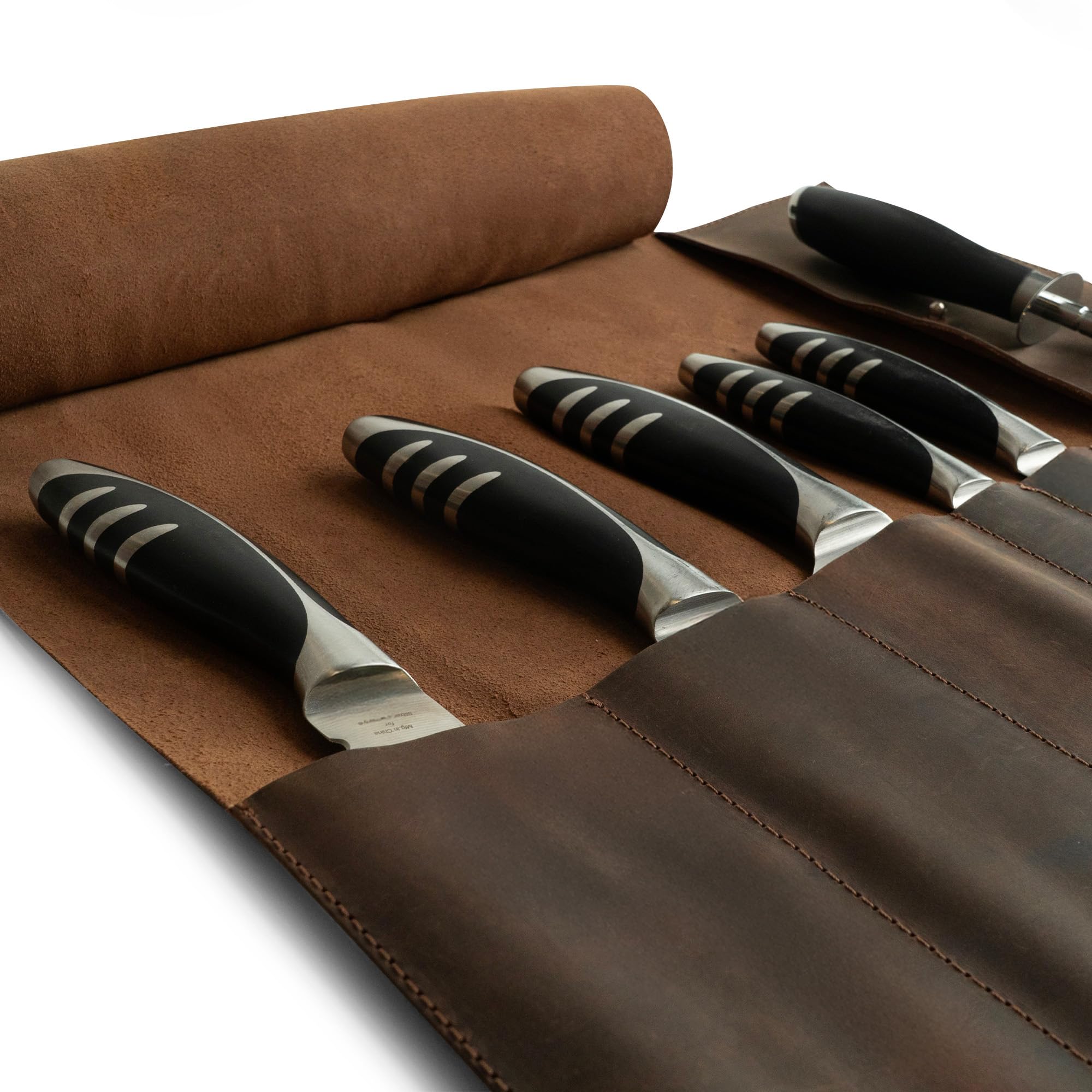 Hide & Drink, Rustic Leather Knife Roll Case (5 pockets), Compact Carry On Bag for Traveling Chefs & Cooks, Kitchen Tool Storage Organizer, Handmade Includes 101 Year Warranty (Bourbon Brown)