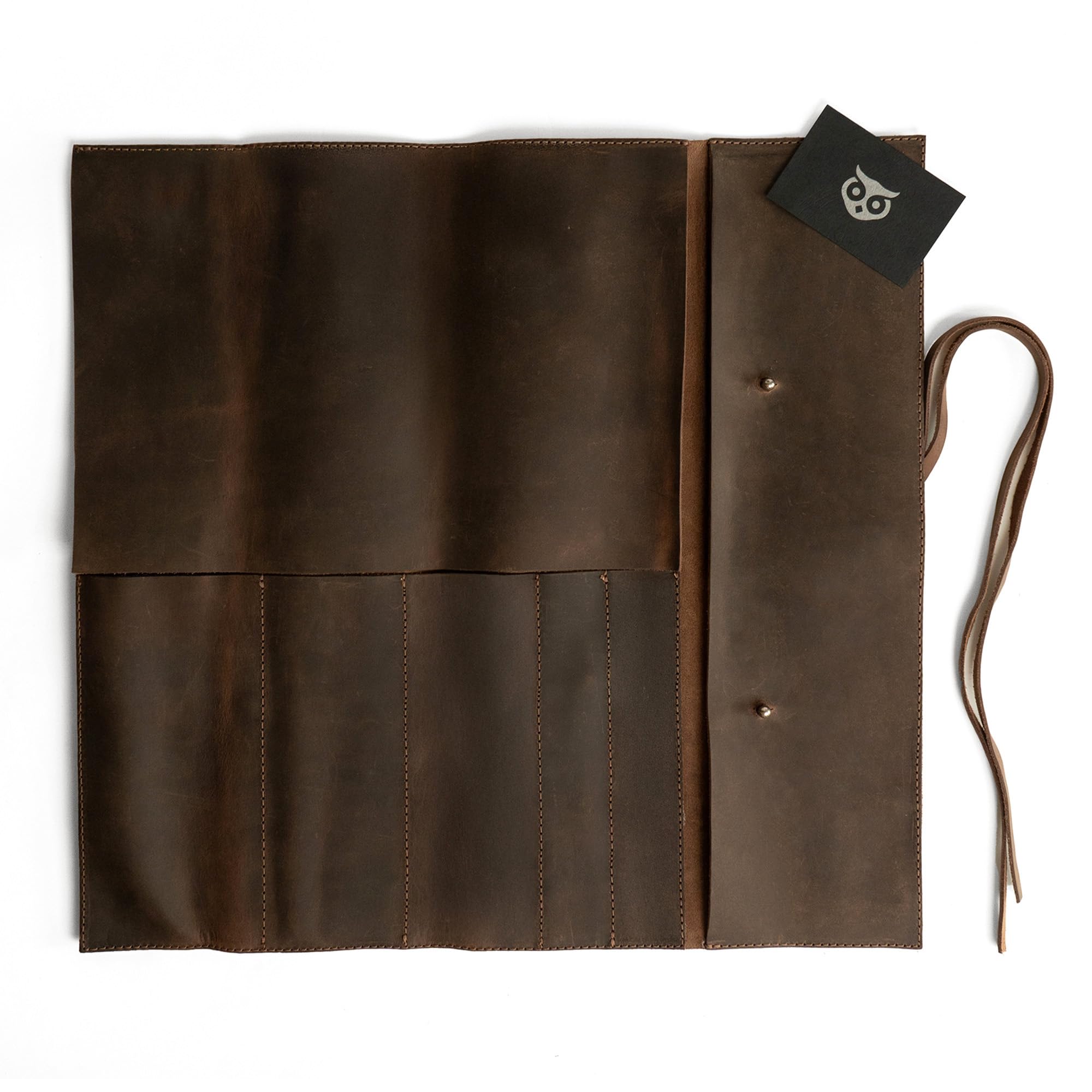 Hide & Drink, Rustic Leather Knife Roll Case (5 pockets), Compact Carry On Bag for Traveling Chefs & Cooks, Kitchen Tool Storage Organizer, Handmade Includes 101 Year Warranty (Bourbon Brown)