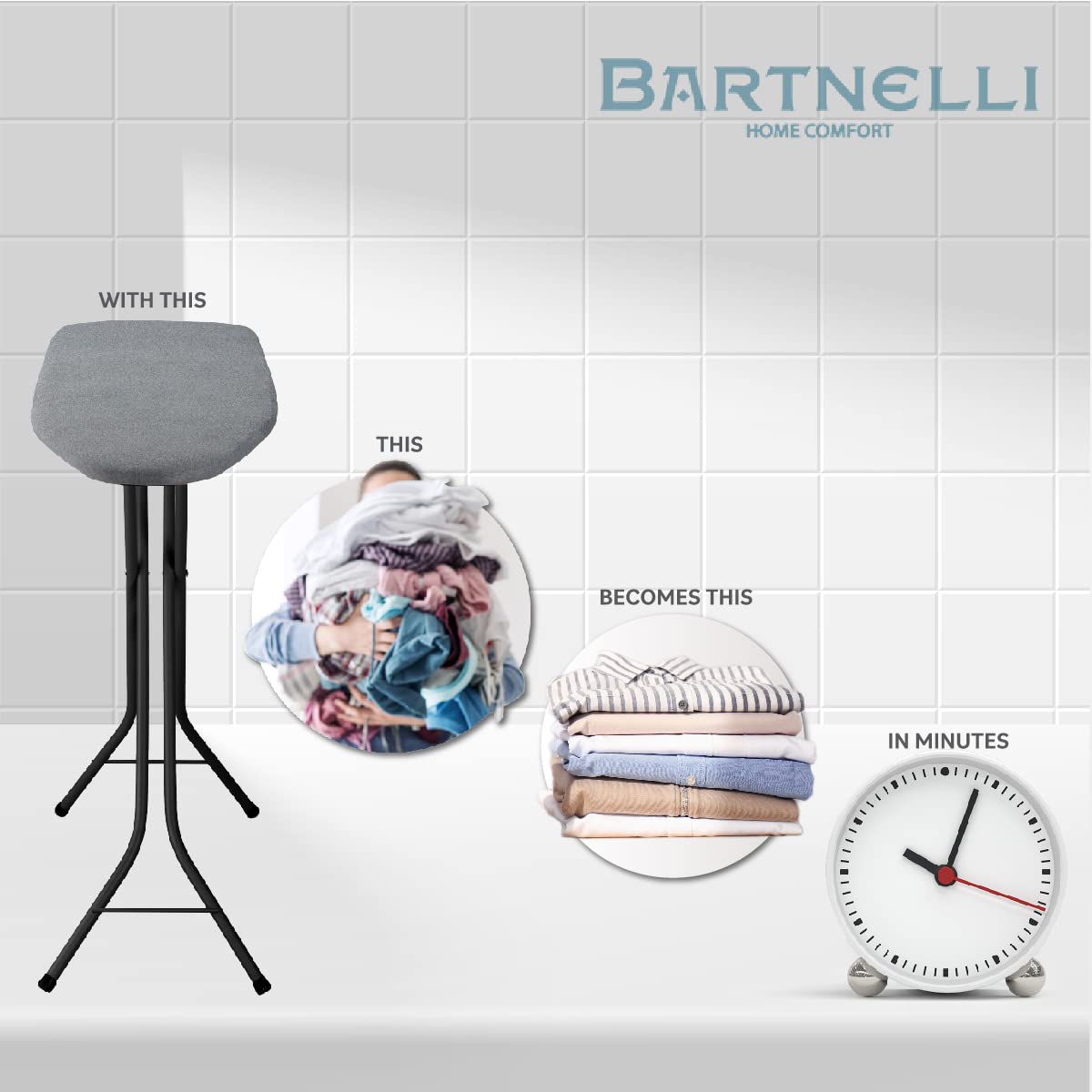 Bartnelli Patented Pulse Ironing Board | Made in Europe | Space Saving Smart Hanger Iron Board for Easy Storage | Lightweight, 4 Layer Cover, 4 Legs, for Dorm, Laundry Room, or Small Spaces(43x13-35)