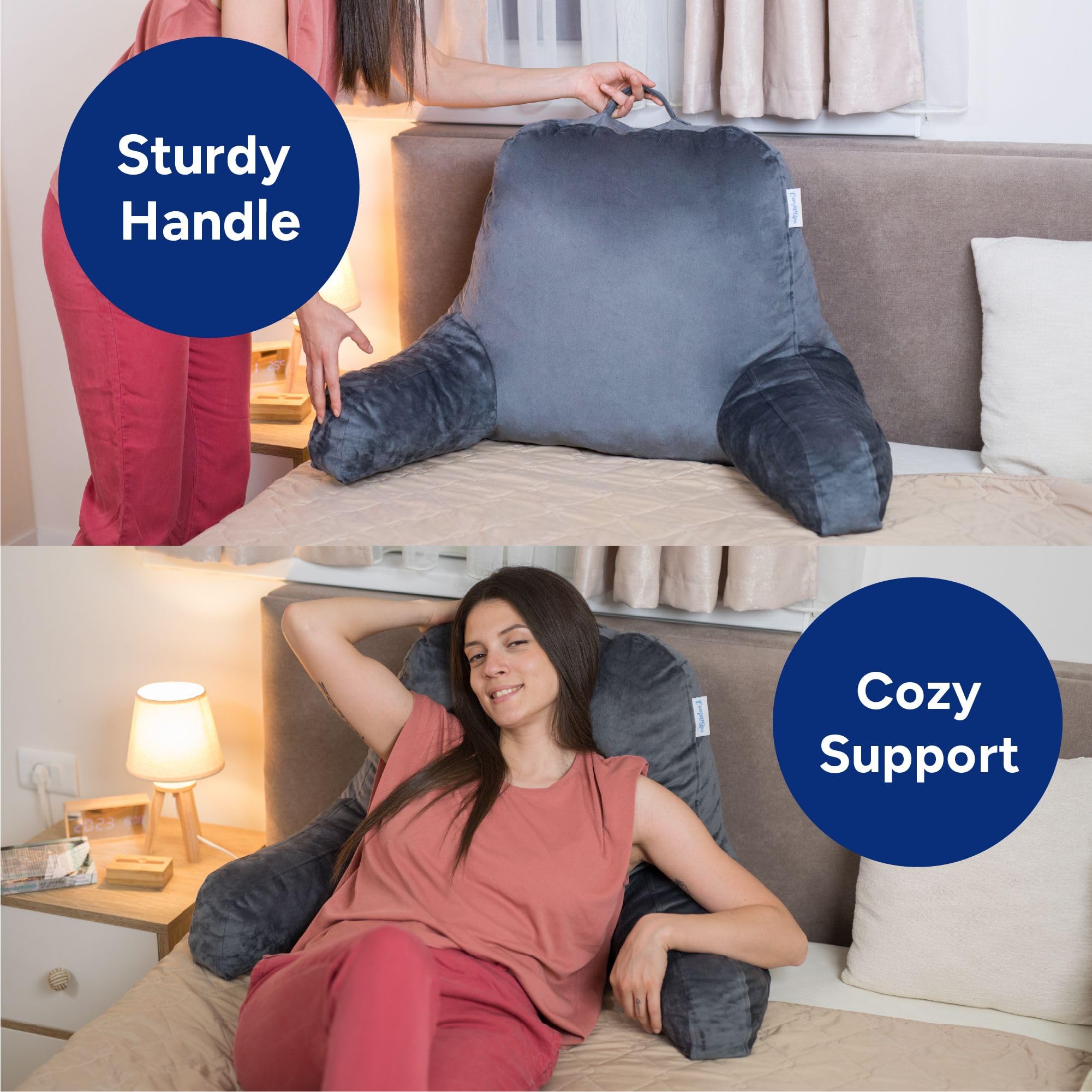 ComfortSpa Reading Pillow Bed Wedge Large Adult Backrest Lounge Cushion with Arms and Pockets | Back Support for Sitting Up in Bed / Couch for GERD Heartburn Bedrest (Grey)