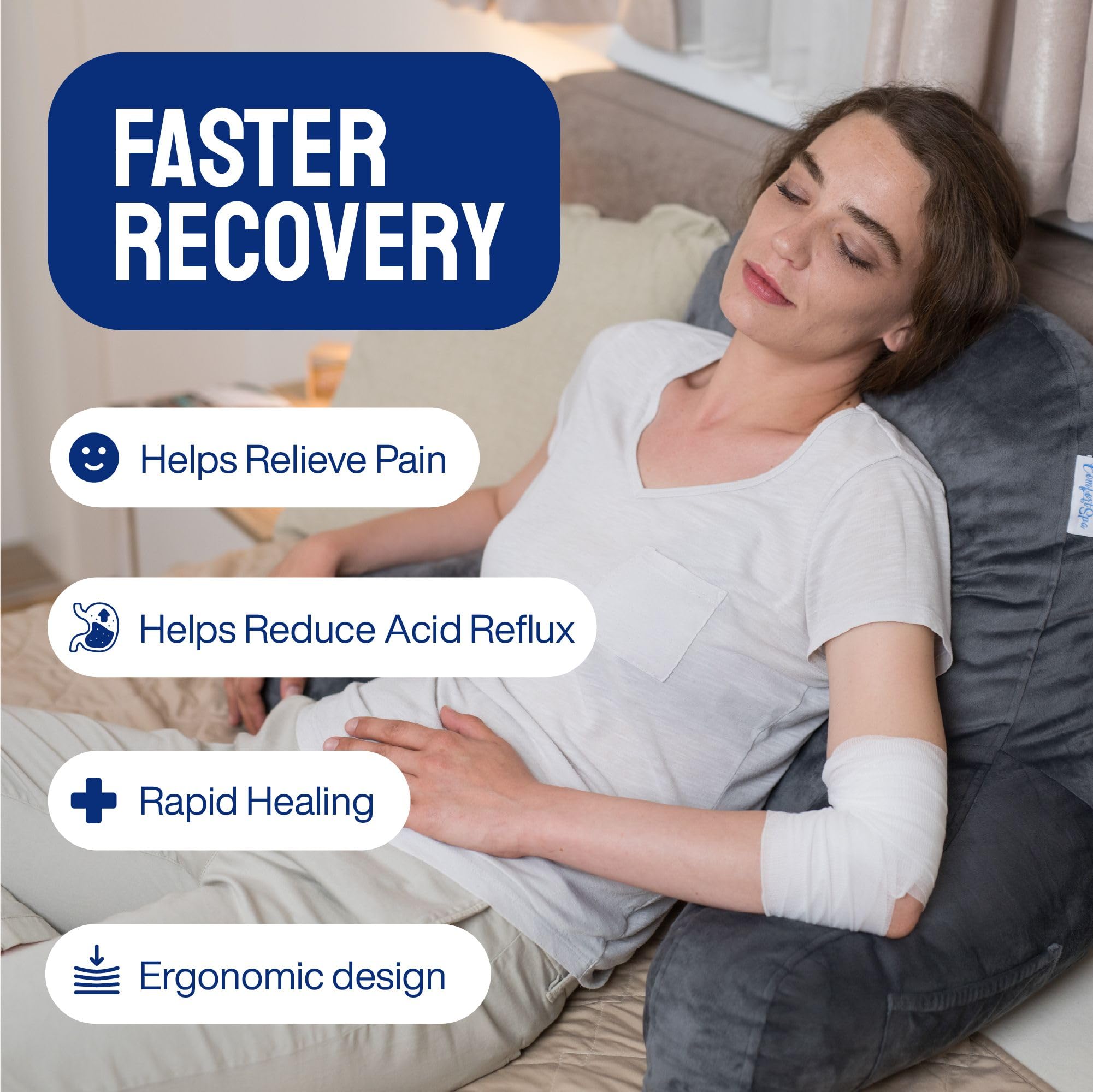 ComfortSpa Reading Pillow Bed Wedge Large Adult Backrest Lounge Cushion with Arms and Pockets | Back Support for Sitting Up in Bed / Couch for GERD Heartburn Bedrest (Grey)