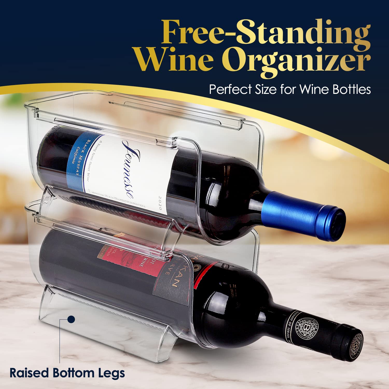 Homeries Wine & Water Bottle Organizer Holder Stackable Wine Rack for Kitchen Countertops, Table Top, Pantry, Fridge, Bars – Acrylic, Free Standing Wine Shelf – Holds Beer, Pop, Soda & Cans (2)