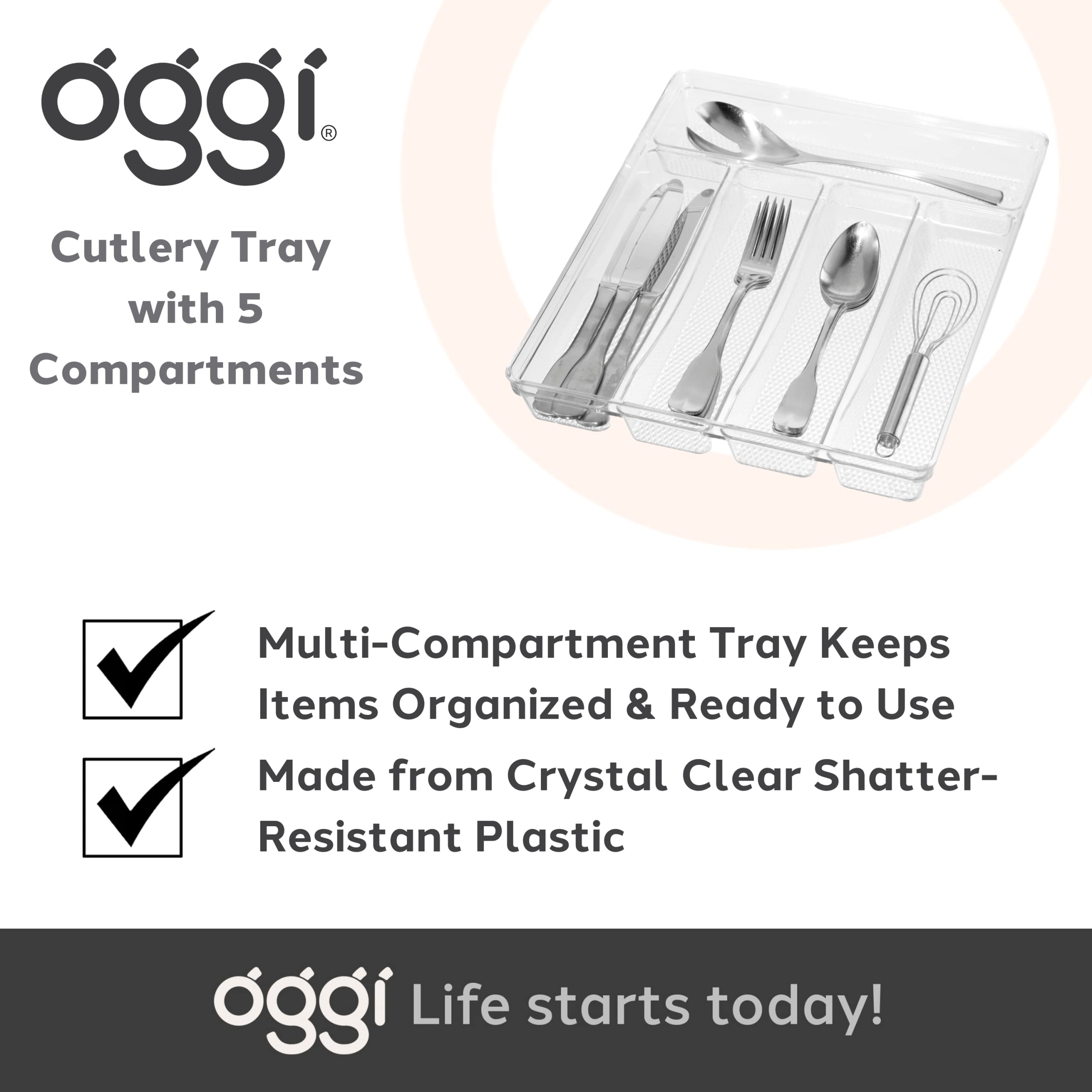 OGGI Clear Tray Flatware Organizer, 5-Compartment