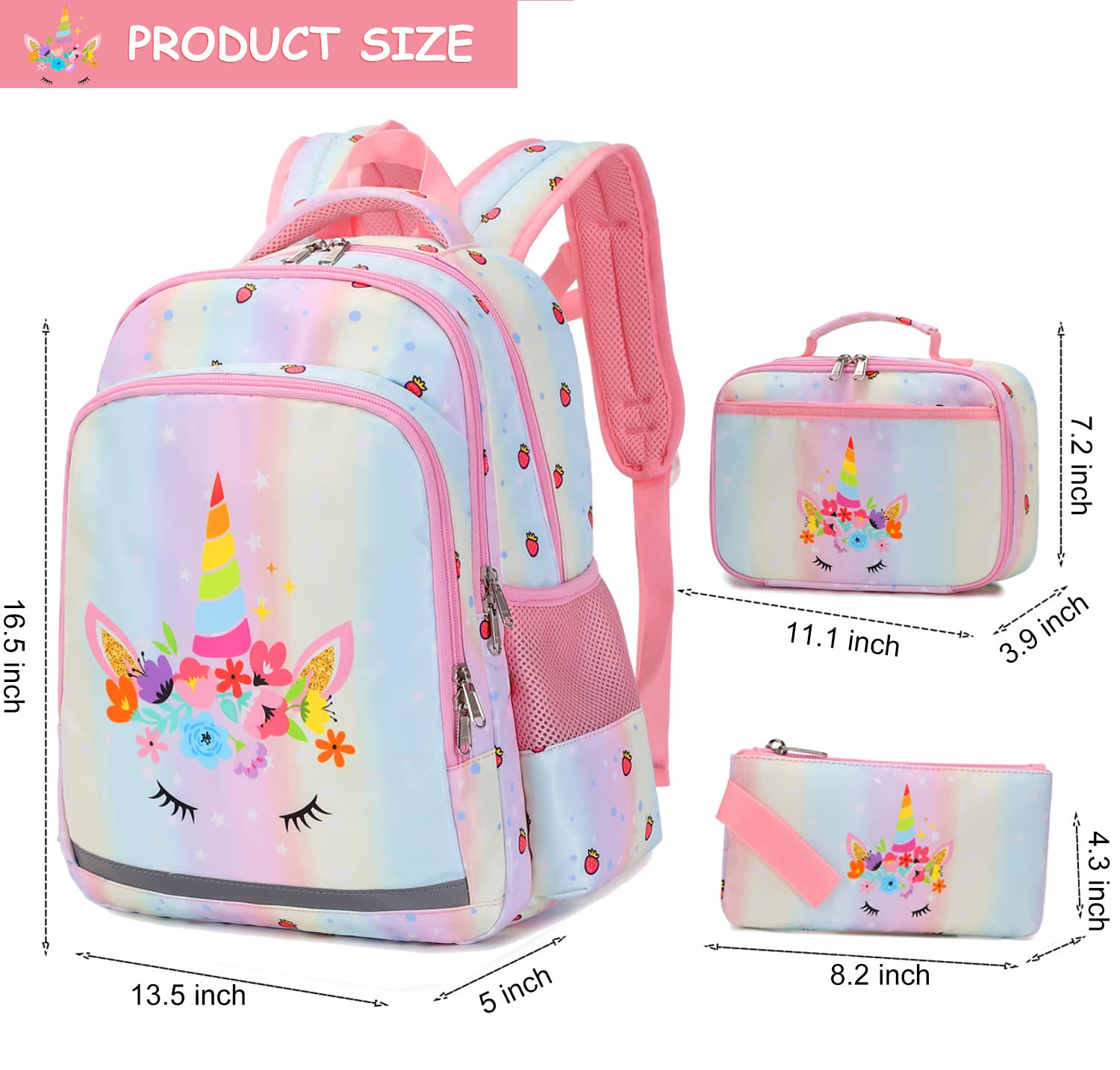 JSQDAGZH Unicorn Backpack and Lunch Box for Girls, Unicorn Backpack for Girls Kids School Bags Backpack with Lunch Box and Pencil Case (Unicorn)