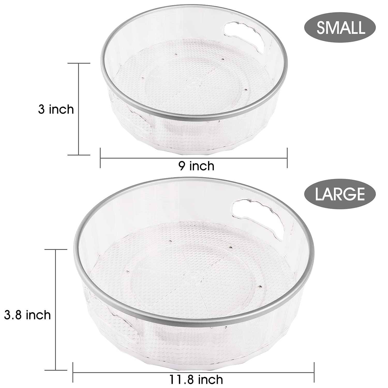IAXSEE 2 Sizes Lazy Susan Turntable Spinning Spice Rack Organizers Multifunctional Round Clear Rotating Cosmetic Containers, for Cabinet Countertop Pantry Fridge Bathroom (Grey)