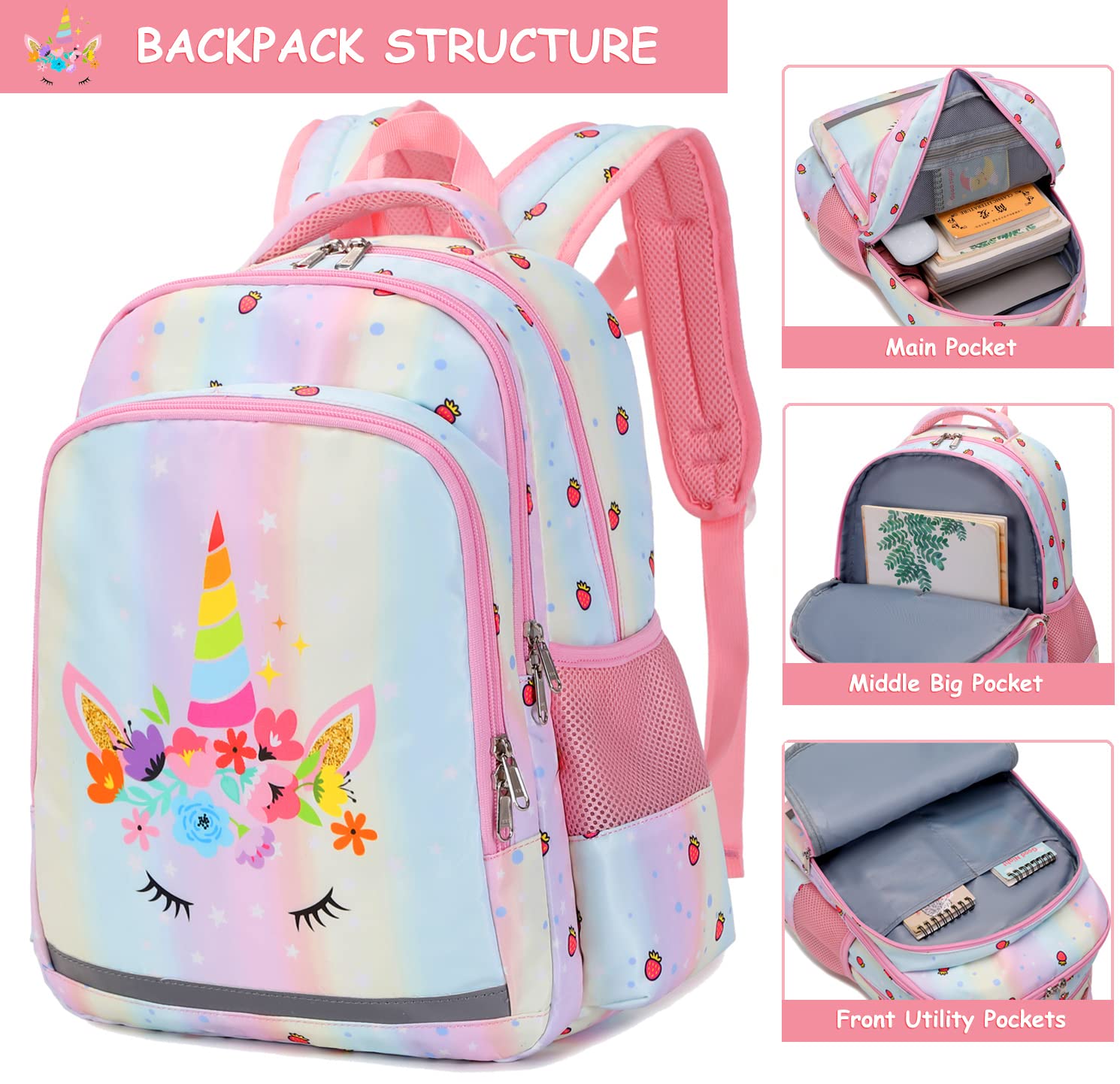 JSQDAGZH Unicorn Backpack and Lunch Box for Girls, Unicorn Backpack for Girls Kids School Bags Backpack with Lunch Box and Pencil Case (Unicorn)