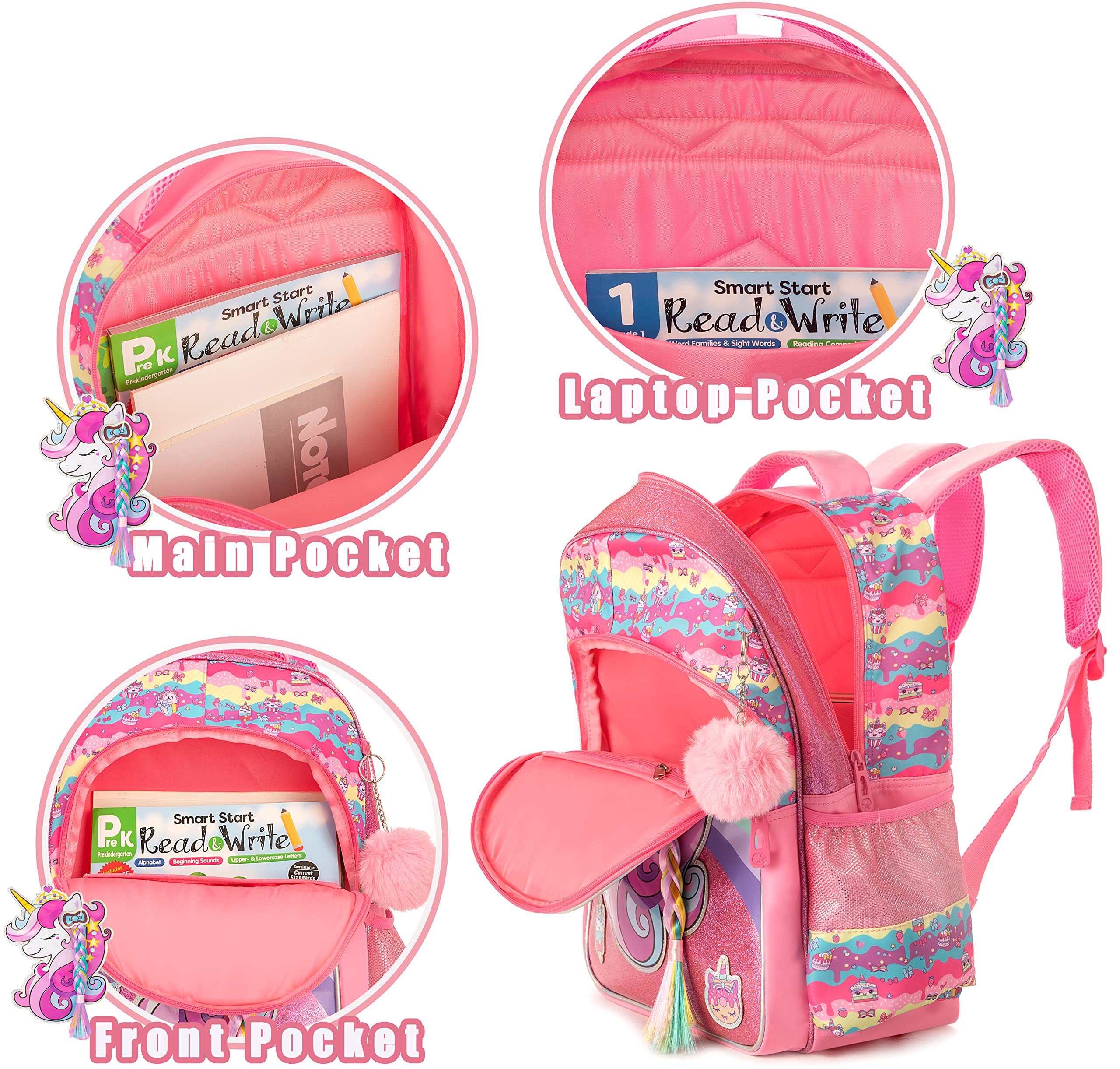 Meetbelify Unicorn Backpack for Girls School Backpacks Kids Cute Bookbag with Lunch Box,Drawstring Bag for Elementary Preschool Students 5 in 1 Pink Backpack Set