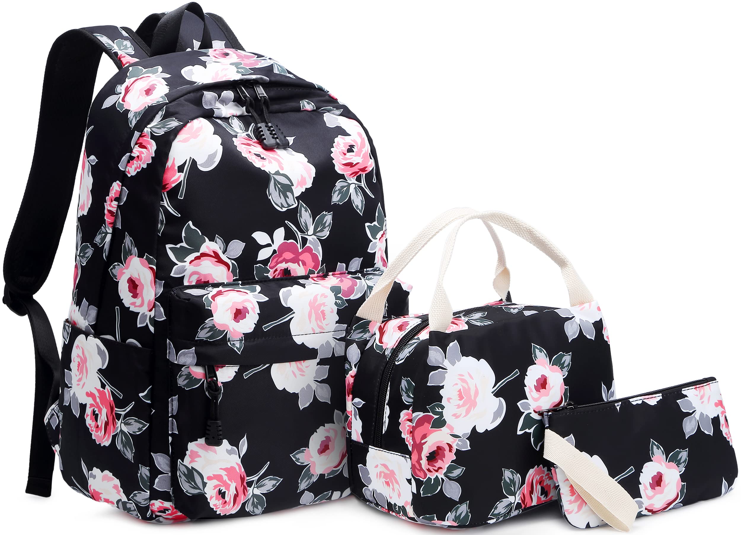 Backpack for Girls, Joyfulife Teen Backpacks Lightweight Kids Bookbags School Backpack with Lunch Box Pencil Case Travel Laptop Backpack Casual Daypacks Floral (Black)