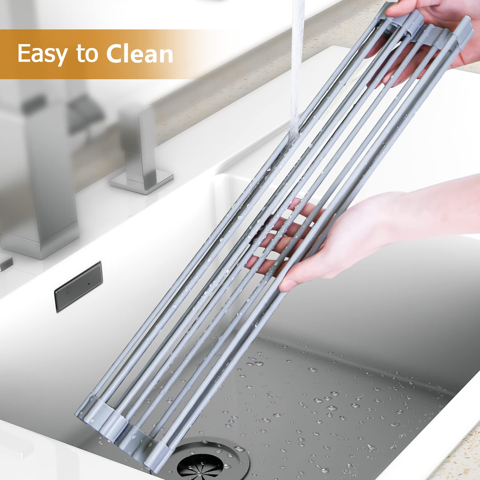 FURNINXS Roll Up Dish Drying Rack Over The Sink, Silicone Stainless Steel Foldable Dish Drying Rack for Kitchen Counter(17" x 13")