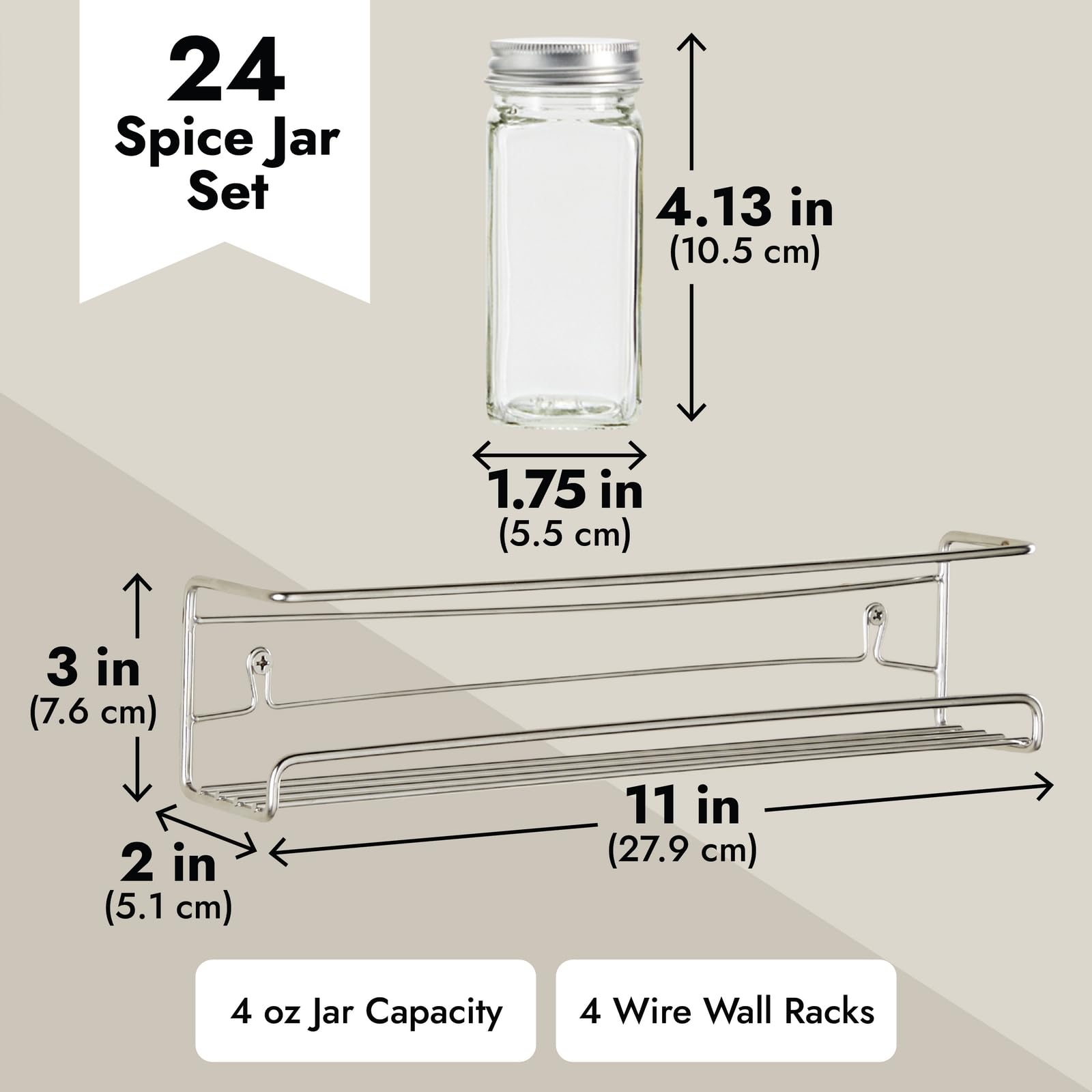 Talented Kitchen 4 Stainless Steel Spice Racks Wall Mount Organizer for Cabinet Door with 24 Empty 4oz Glass Jars, 269 Clear Seasoning Labels (2 Styles)