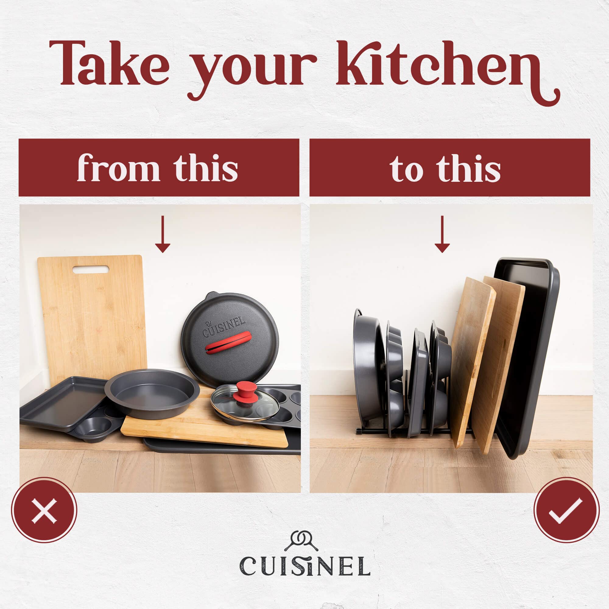 Lid and Dish Organizer Rack - 2-Pack Matte Black Kitchen Storage Organization Stand - Plate Holder, Pan/Pots Covers, Cutting Board and Cookie Sheet Divider - 7-Tier Cabinet/Counter Display Organizers