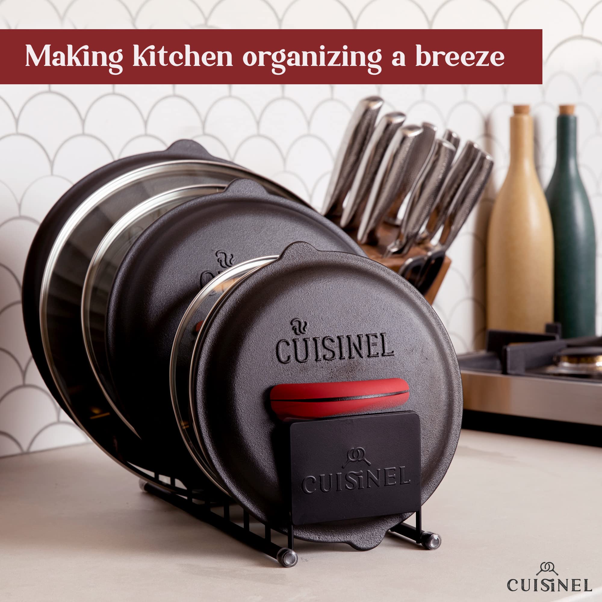 Lid and Dish Organizer Rack - 2-Pack Matte Black Kitchen Storage Organization Stand - Plate Holder, Pan/Pots Covers, Cutting Board and Cookie Sheet Divider - 7-Tier Cabinet/Counter Display Organizers