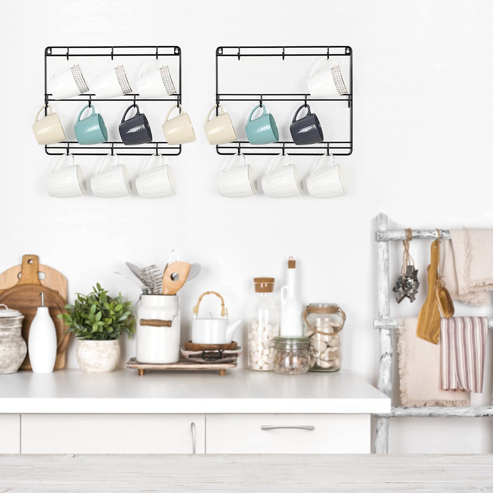 MOOACE Mug Rack Cup Holder, 3-Tier Metal Wall Mounted Coffee Mug Storage Rack with 10 Hooks, Cup Display Organizer for Coffee Mugs, Tea Cups and Mason Jars, Set of 2